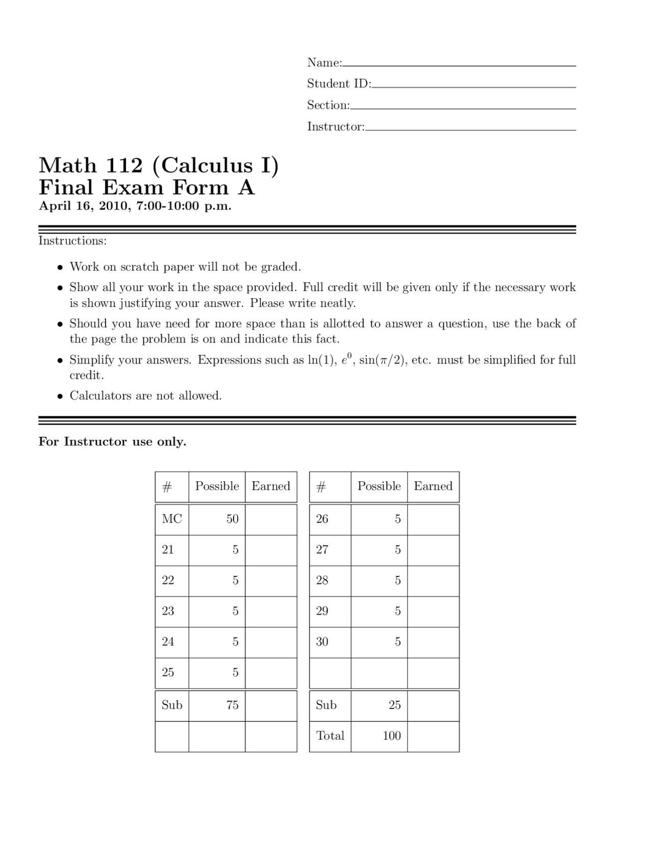 Derivative Calculus Exam Docsity