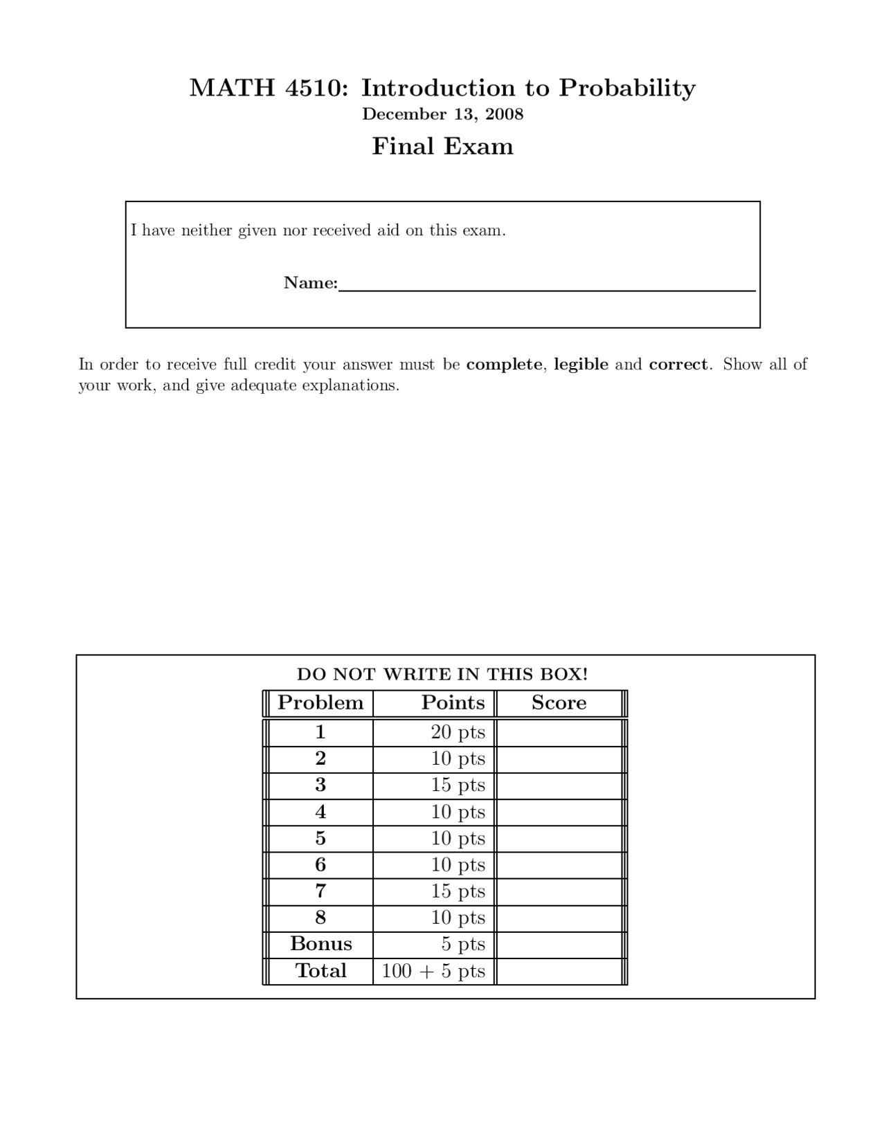 Points - Probability - Exam - Docsity