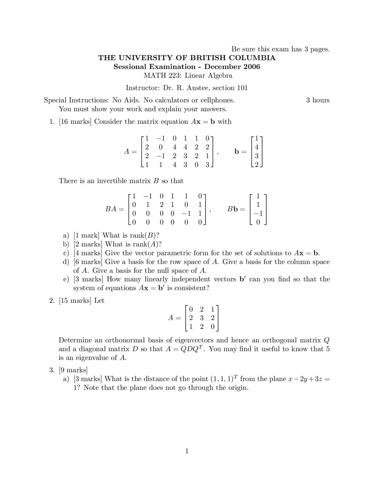 Matrix Equation - Linear Algebra - Exam - Docsity