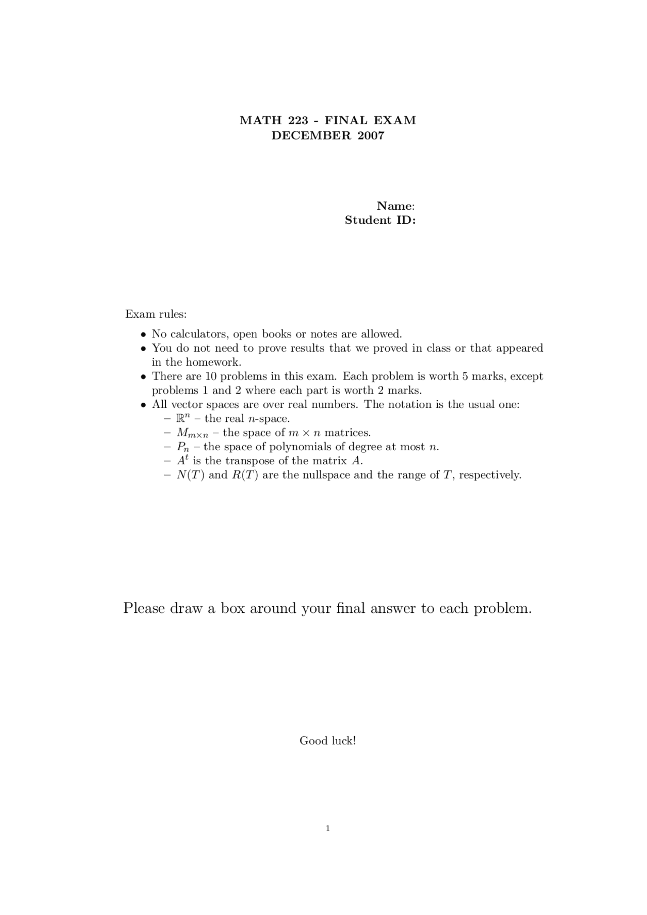Dimension Linear Algebra Exam Docsity