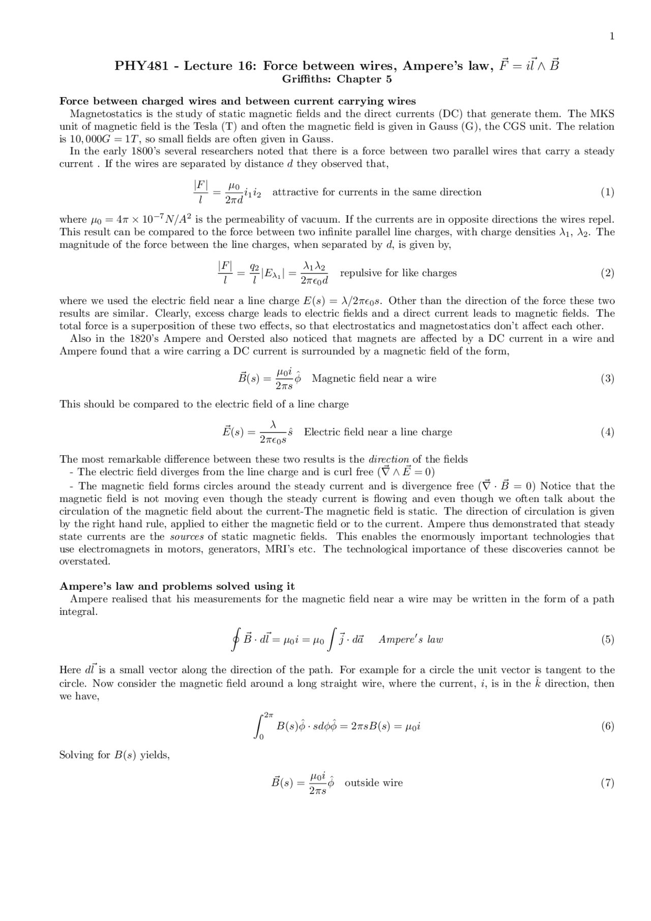 Force Between Wires Electricity And Magnetism Lecture Notes Docsity