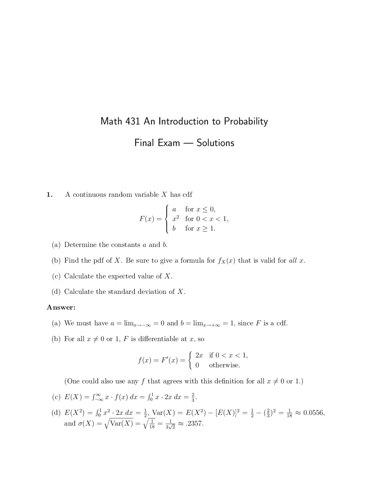 Continuous Random Variable - Probability - Solved Exam - Docsity