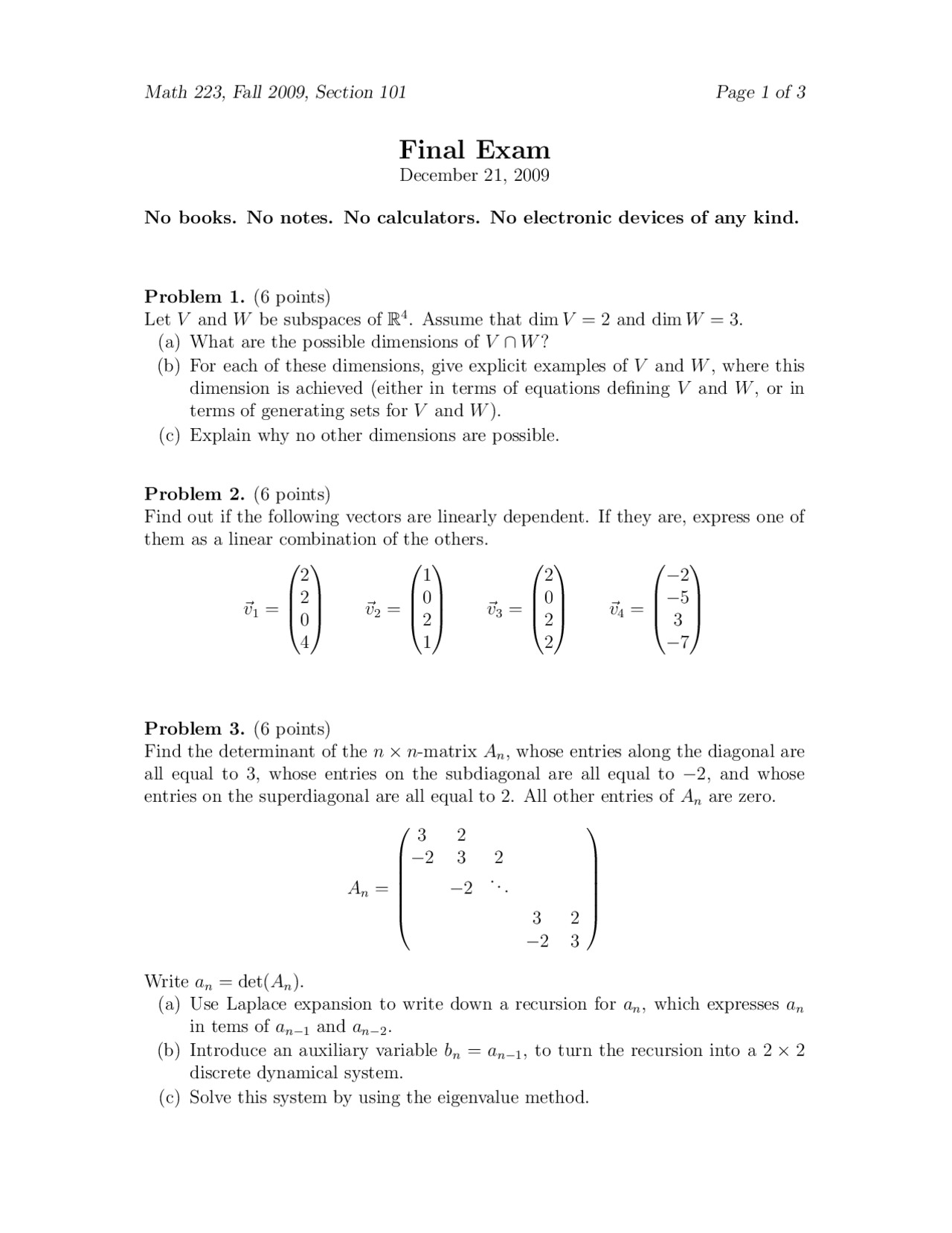 Math 223 Final Exam, Fall 2009, Section 101 | Exams Linear Algebra | Docsity