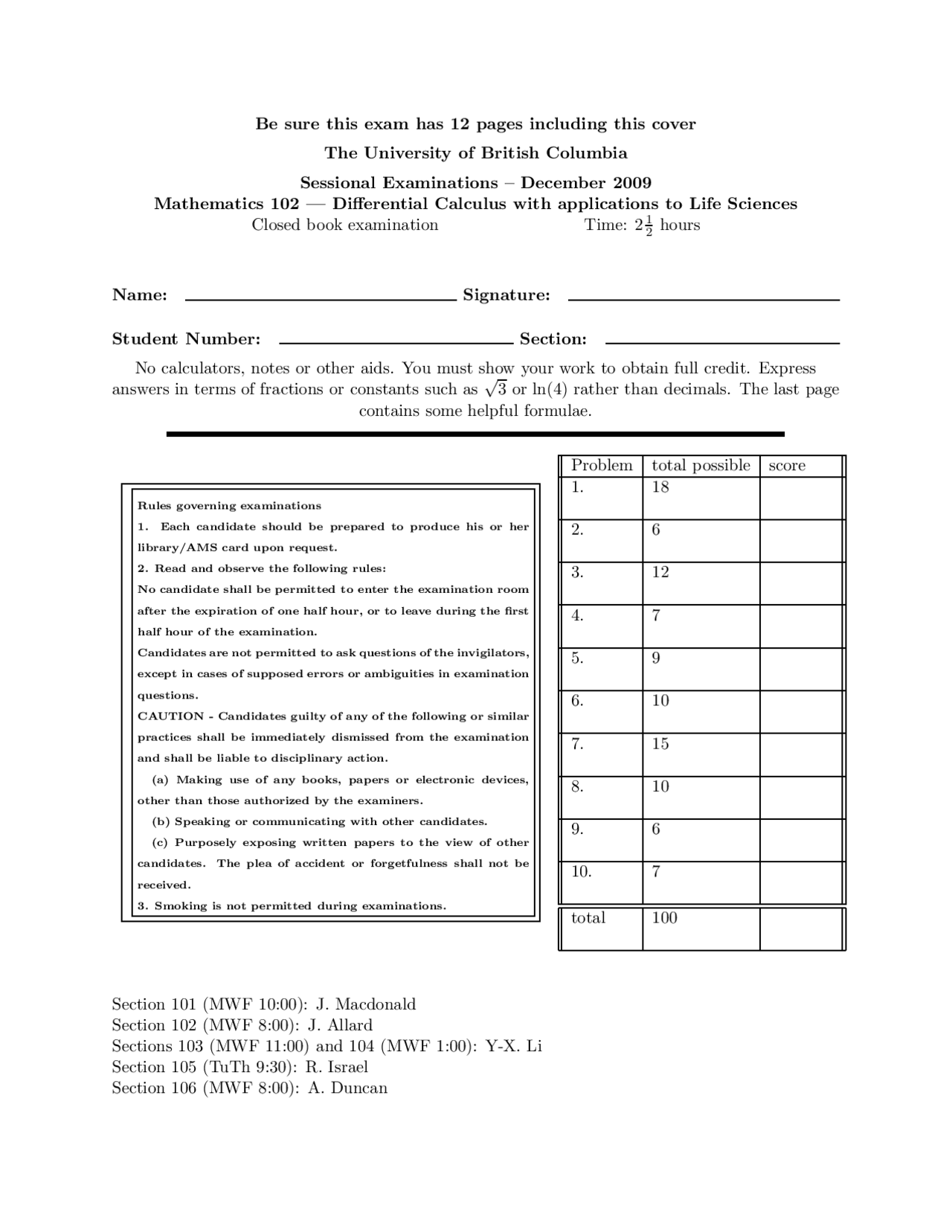 Global Differential Calculus Exam Docsity