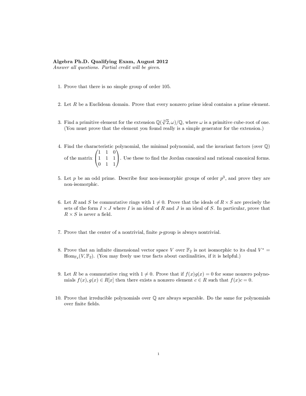 Euclidean Domain Algebra Exam Docsity