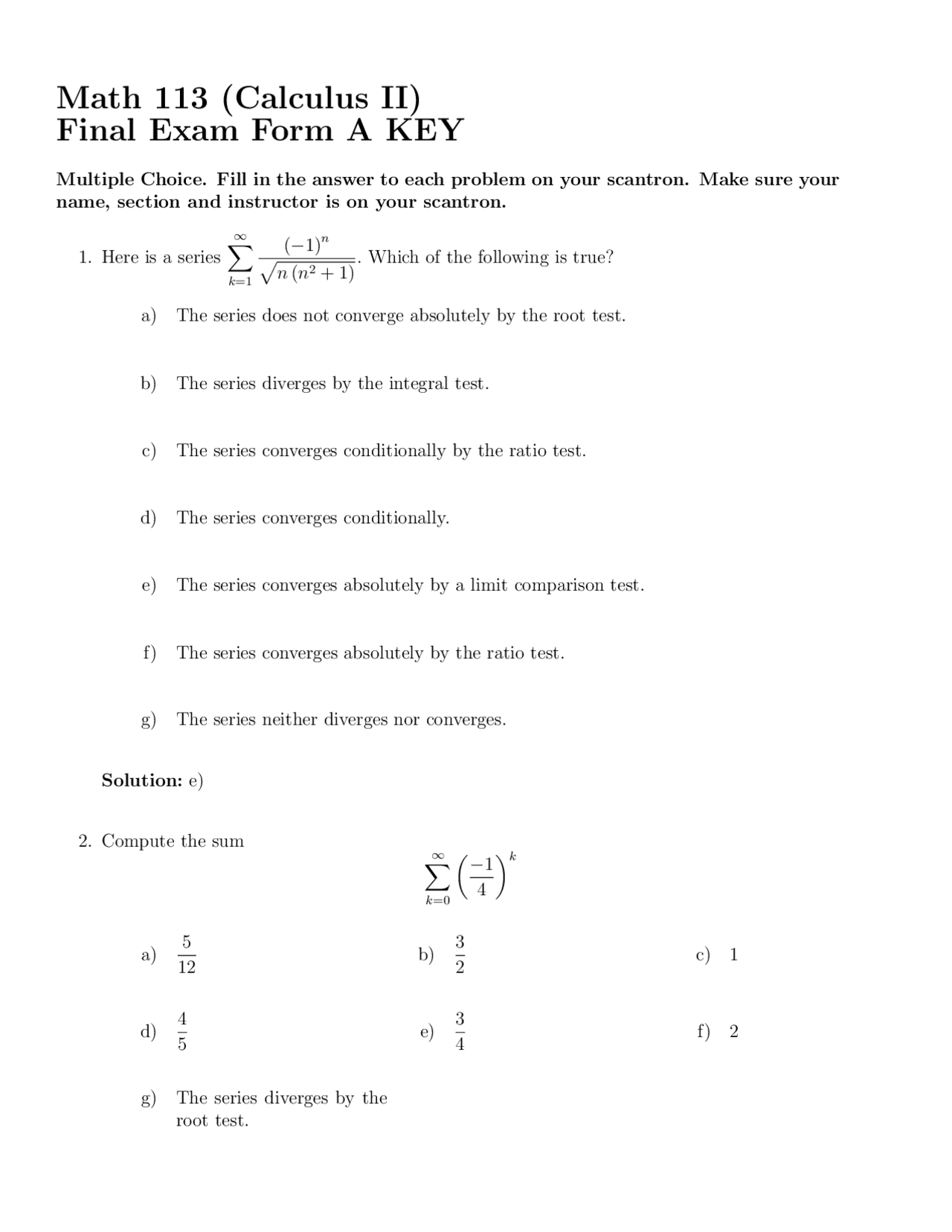 Converge Absolutely Calculus Solved Exam Docsity