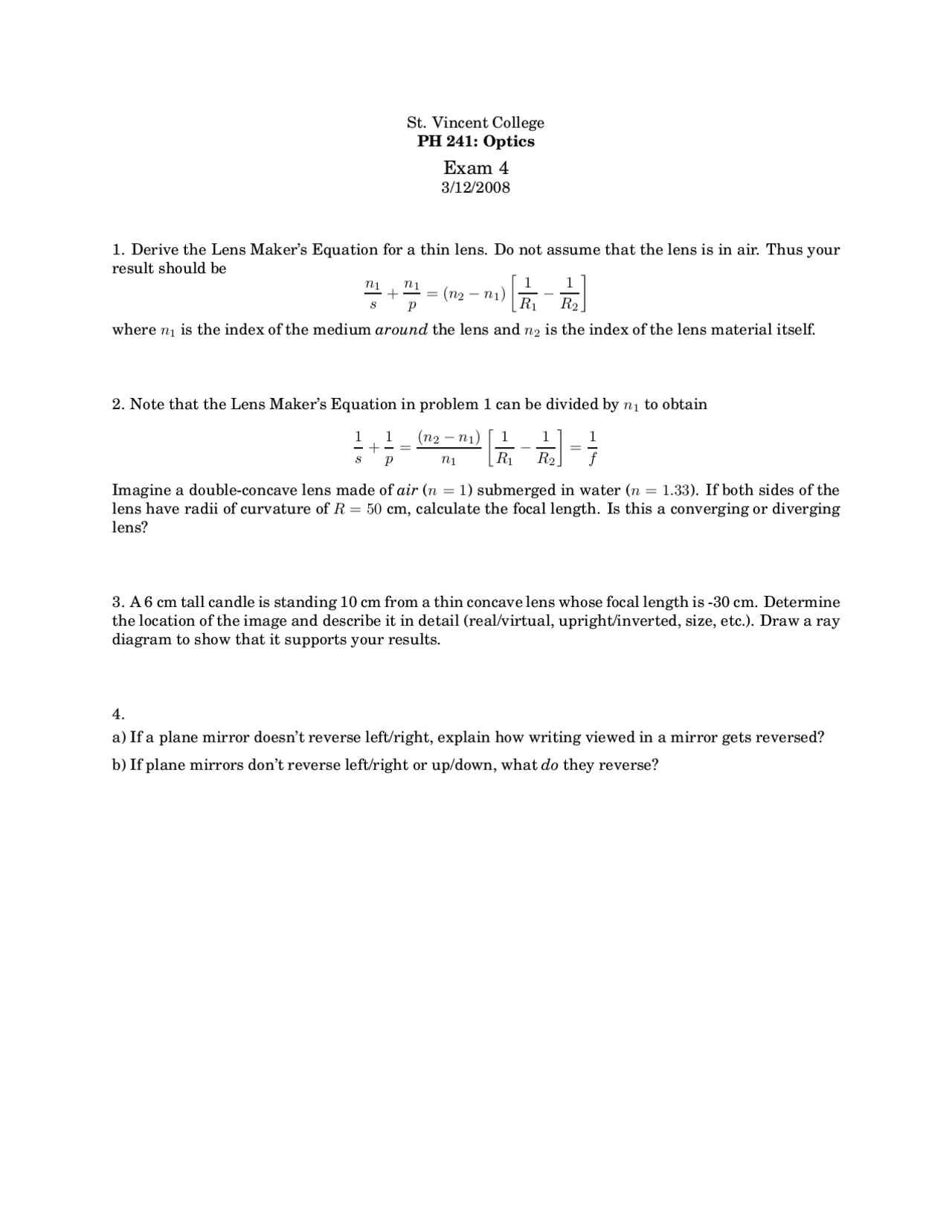 Lens Maker Equation Optics And Modern Physics Past Paper Docsity