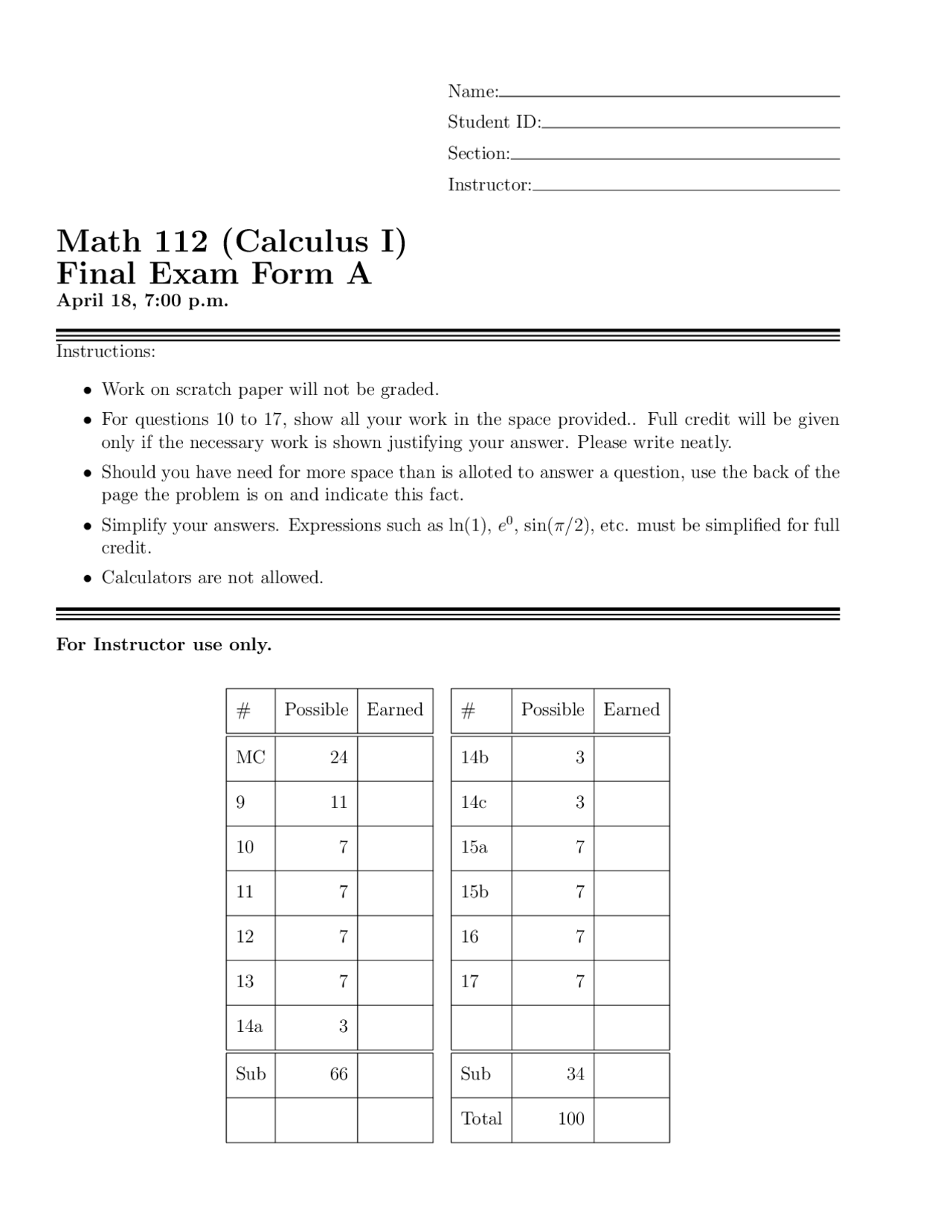 Largest Rectangle - Calculus - Exam - Docsity
