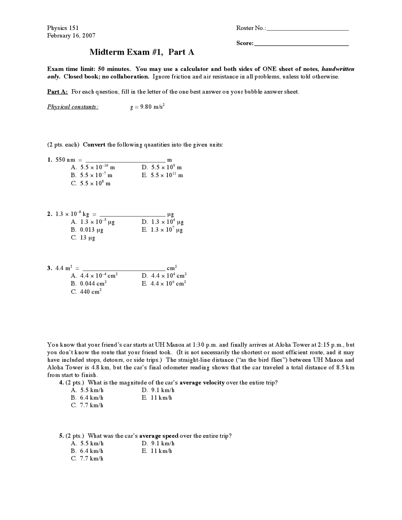 Average Velocity - Mechanics - Past Paper - Docsity