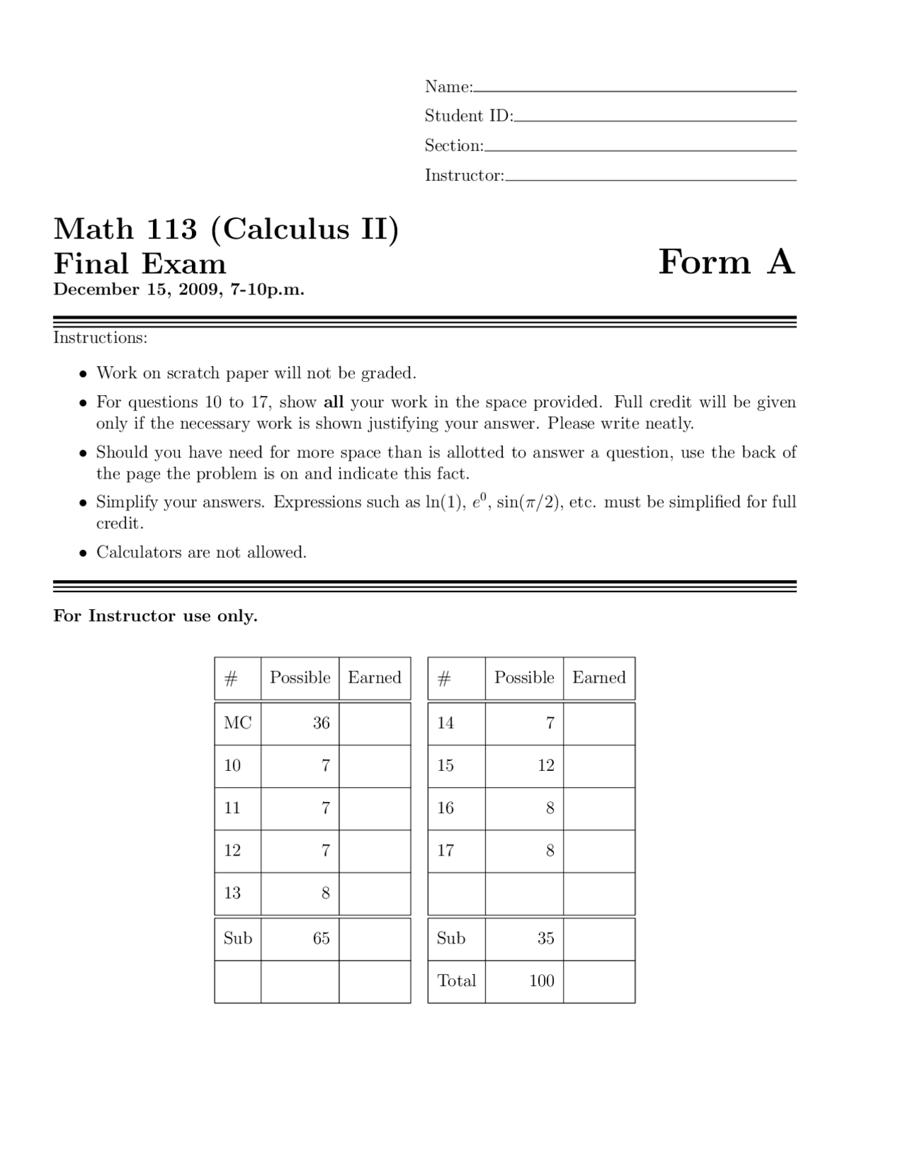 Region Bounded Calculus Exam Exams Calculus Docsity