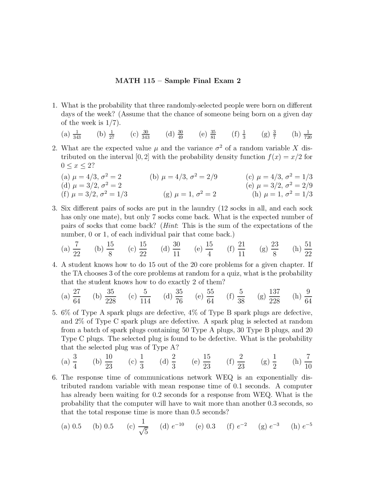 Expected Value - Probability - Exam | Exams Probability and Statistics | Docsity