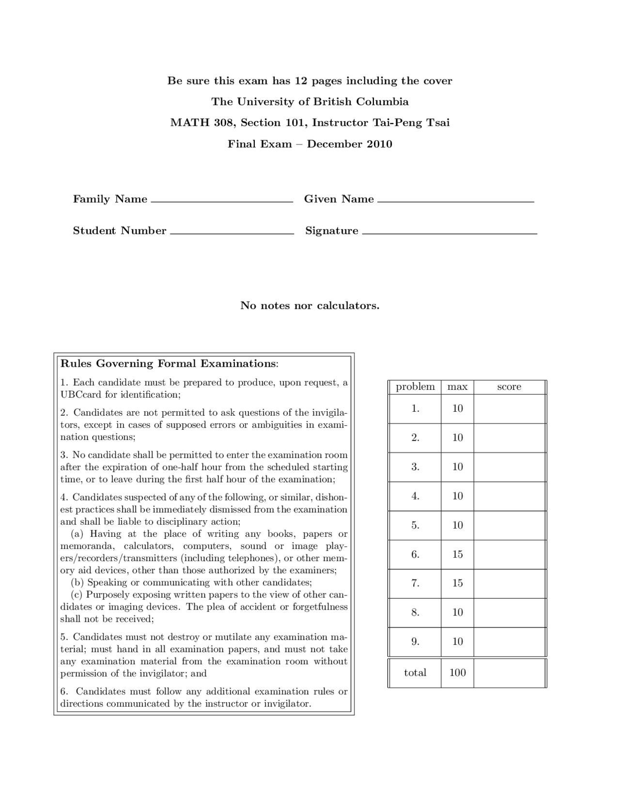 Math 308 Section 101 Final Exam - December 2010, University of British ...
