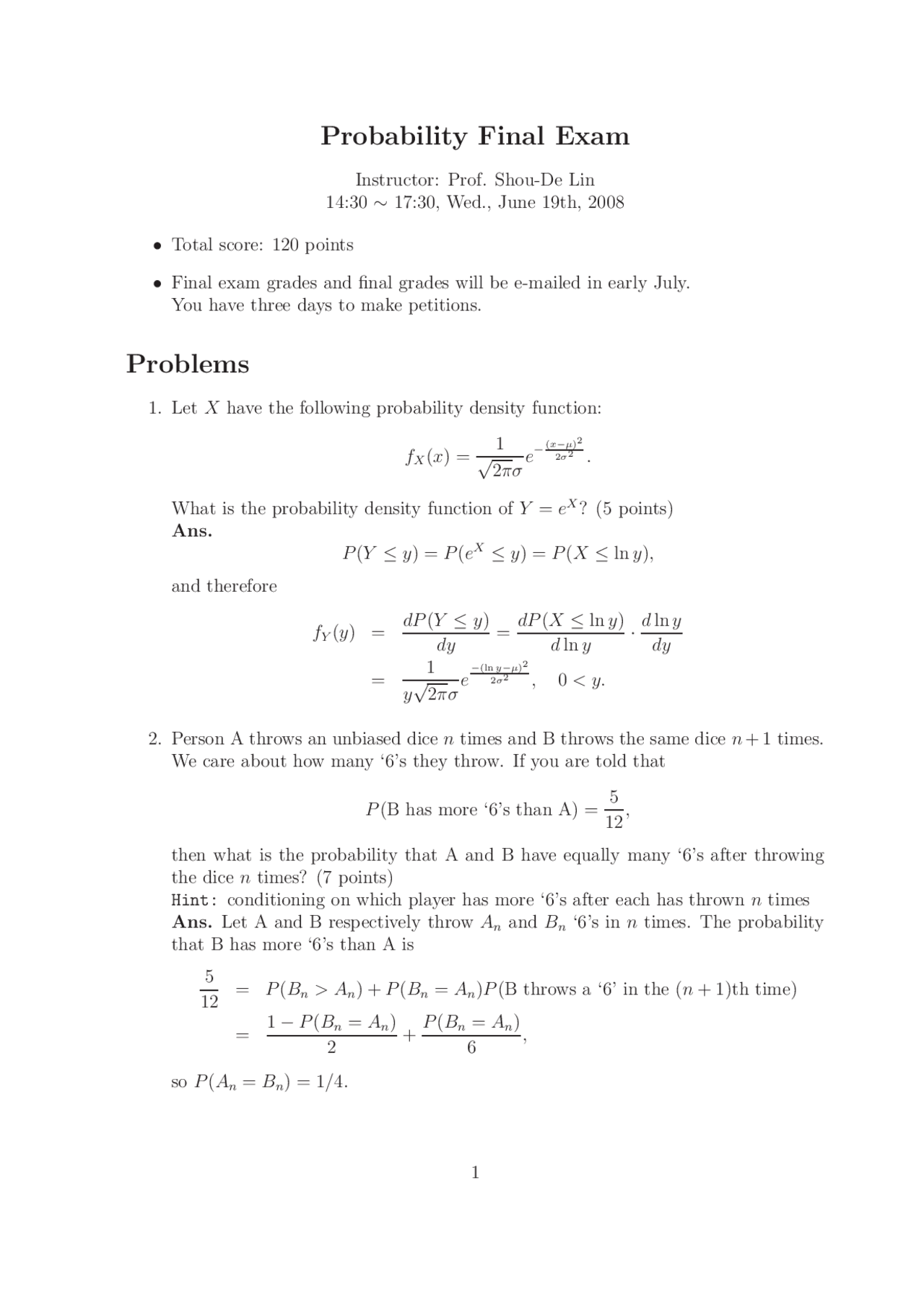 Density Function - Probability - Exam - Docsity