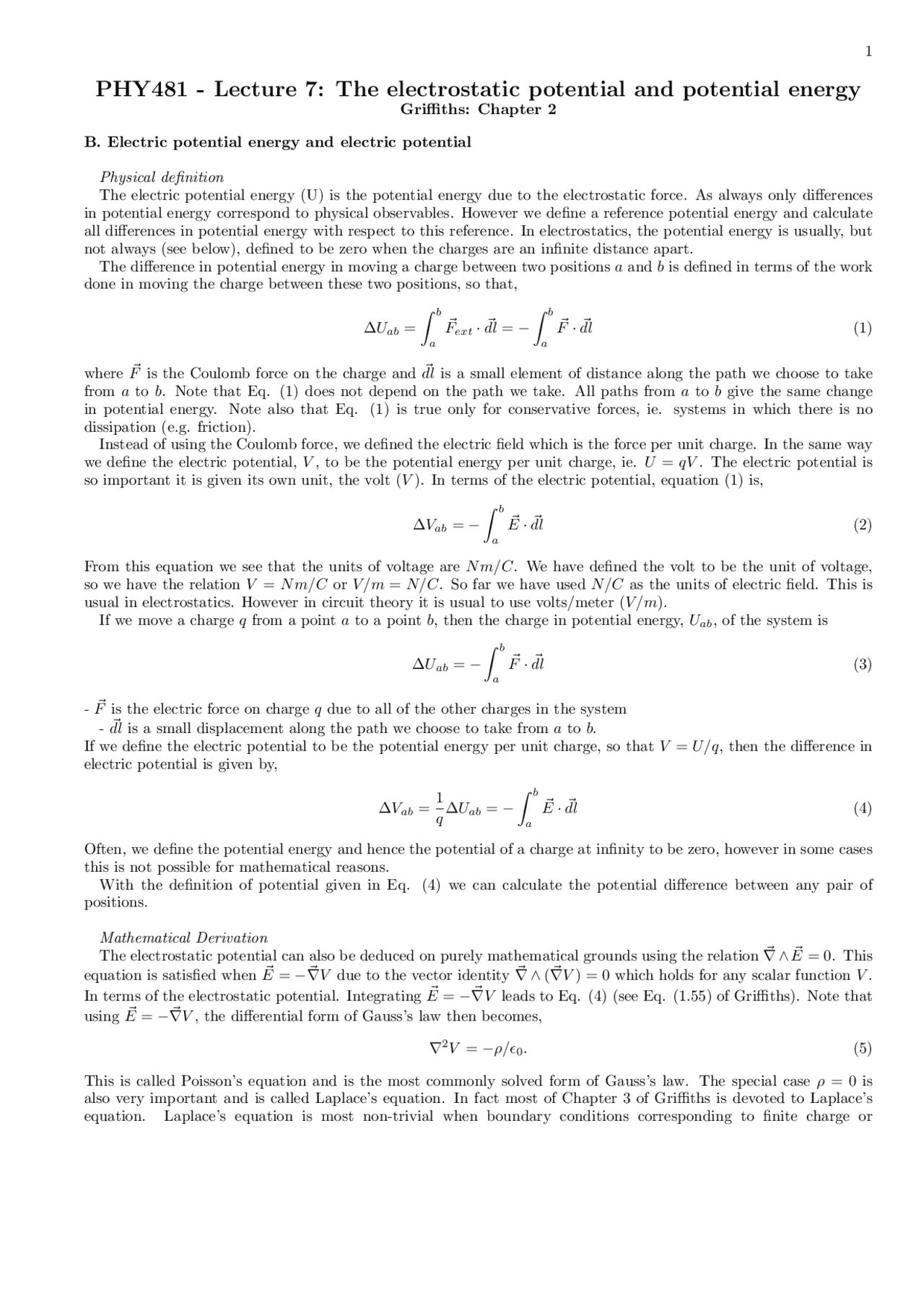 Electrostatic Potential Electricity And Magnetism Lecture Notes