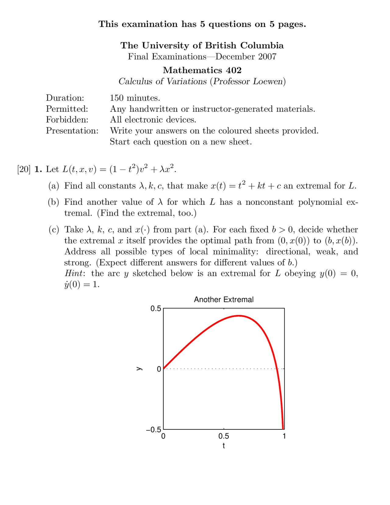 Constants - Calculus of Variations - Exam - Docsity