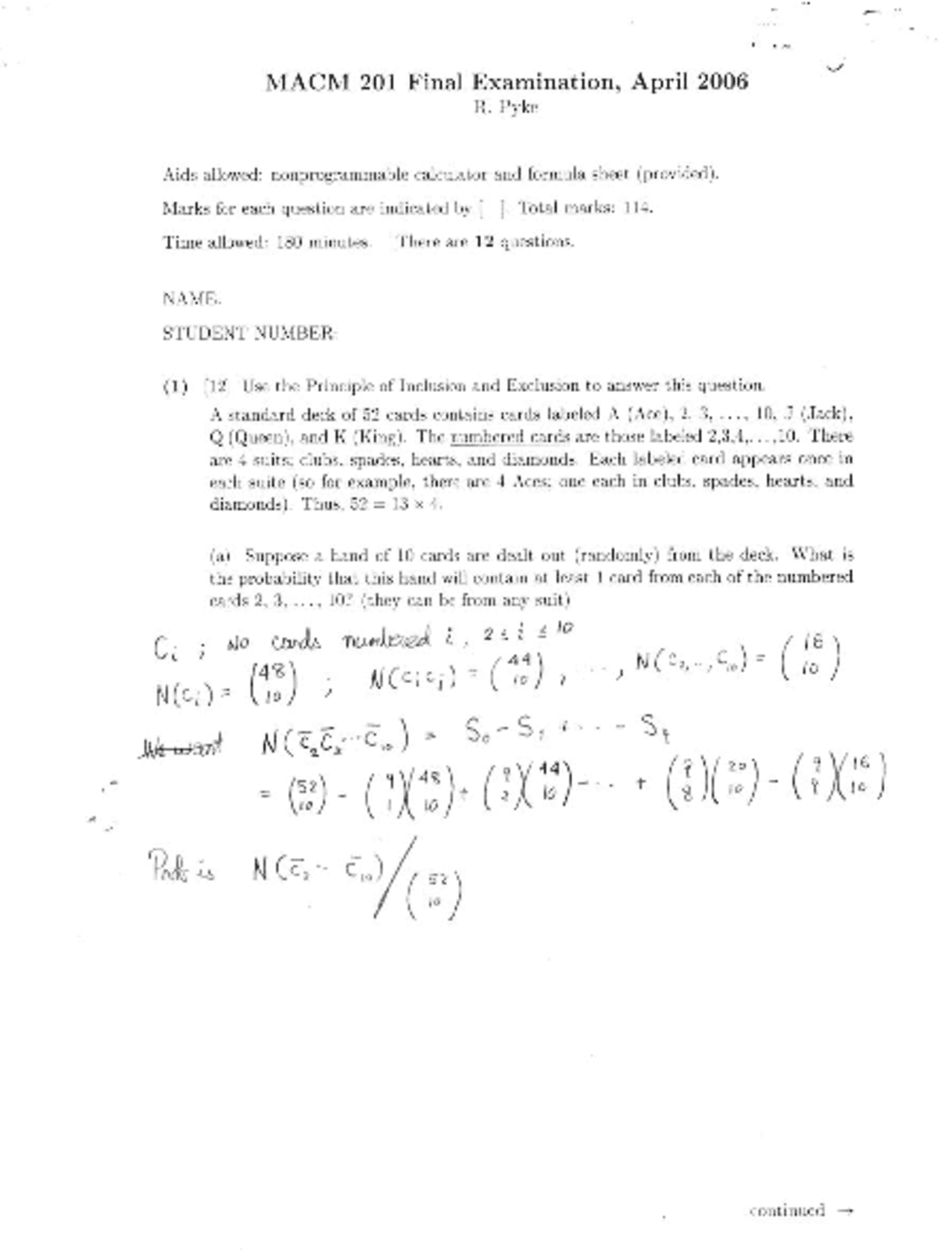 Standard Deck Discrete Mathematics Exam Key Docsity