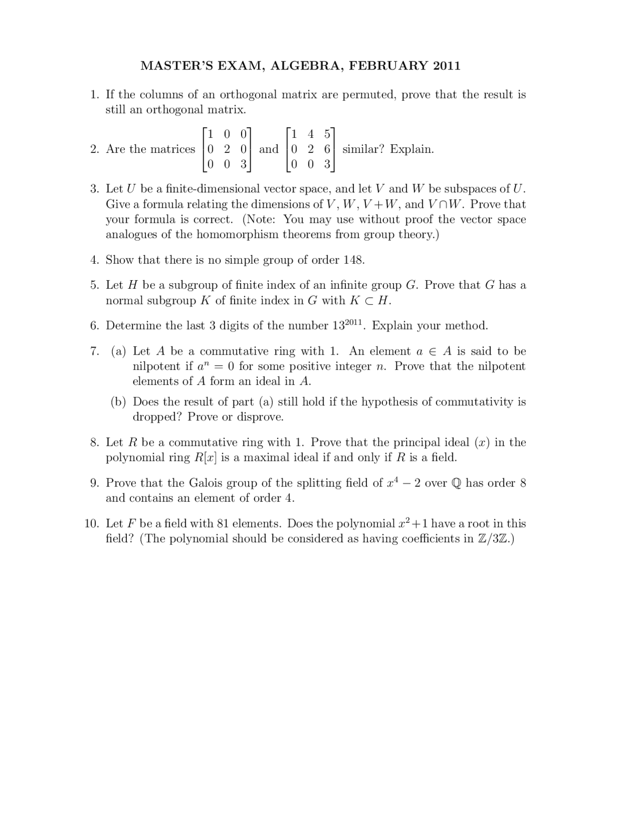 Orthogonal Matrix Algebra Exam Docsity