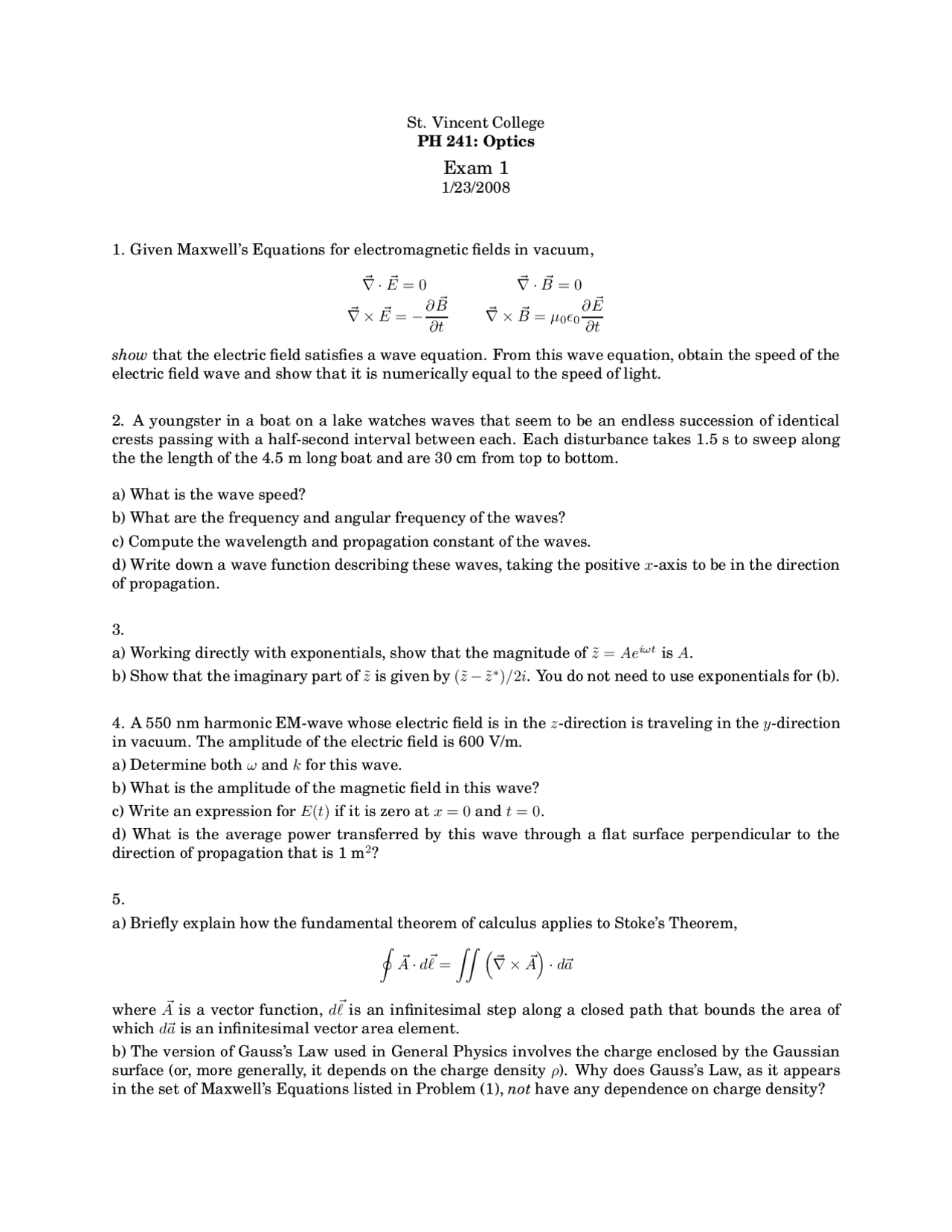 Maxwell Equations - Optics and Modern Physics - Past Paper - Docsity