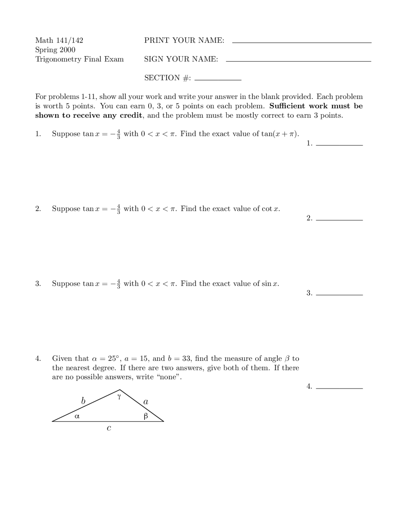 Measure Of Angle Trignometry Exam Docsity