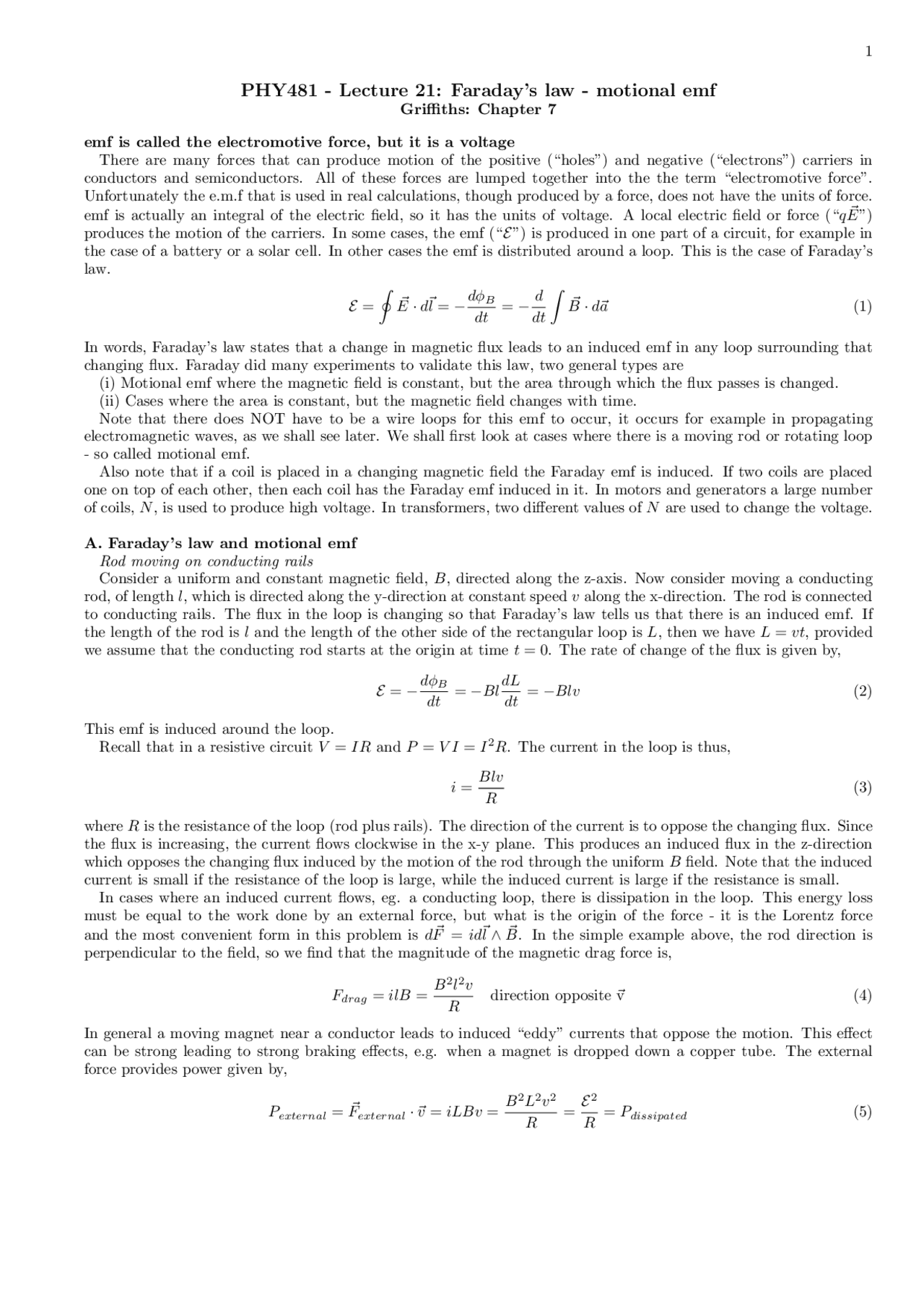 Faraday Law Electricity And Magnetism Lecture Notes Docsity