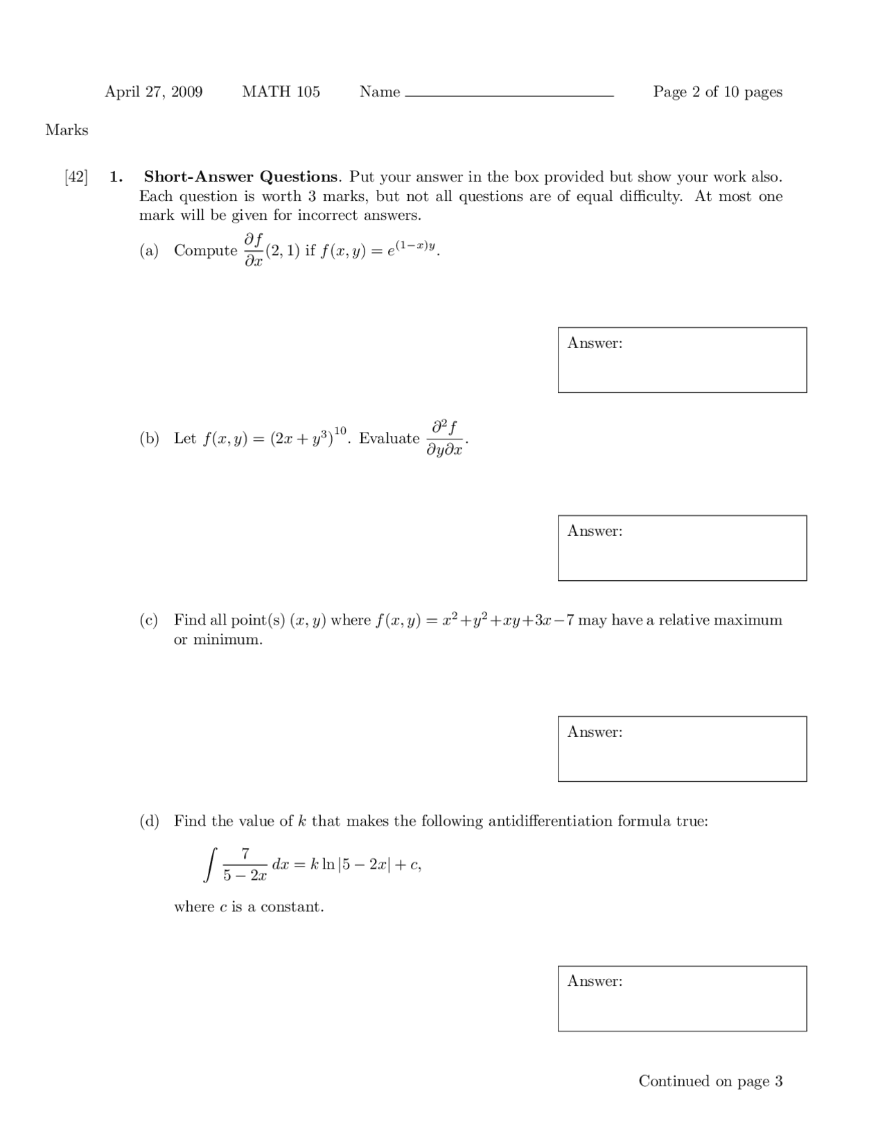 Minimum Mathematics Exam Docsity