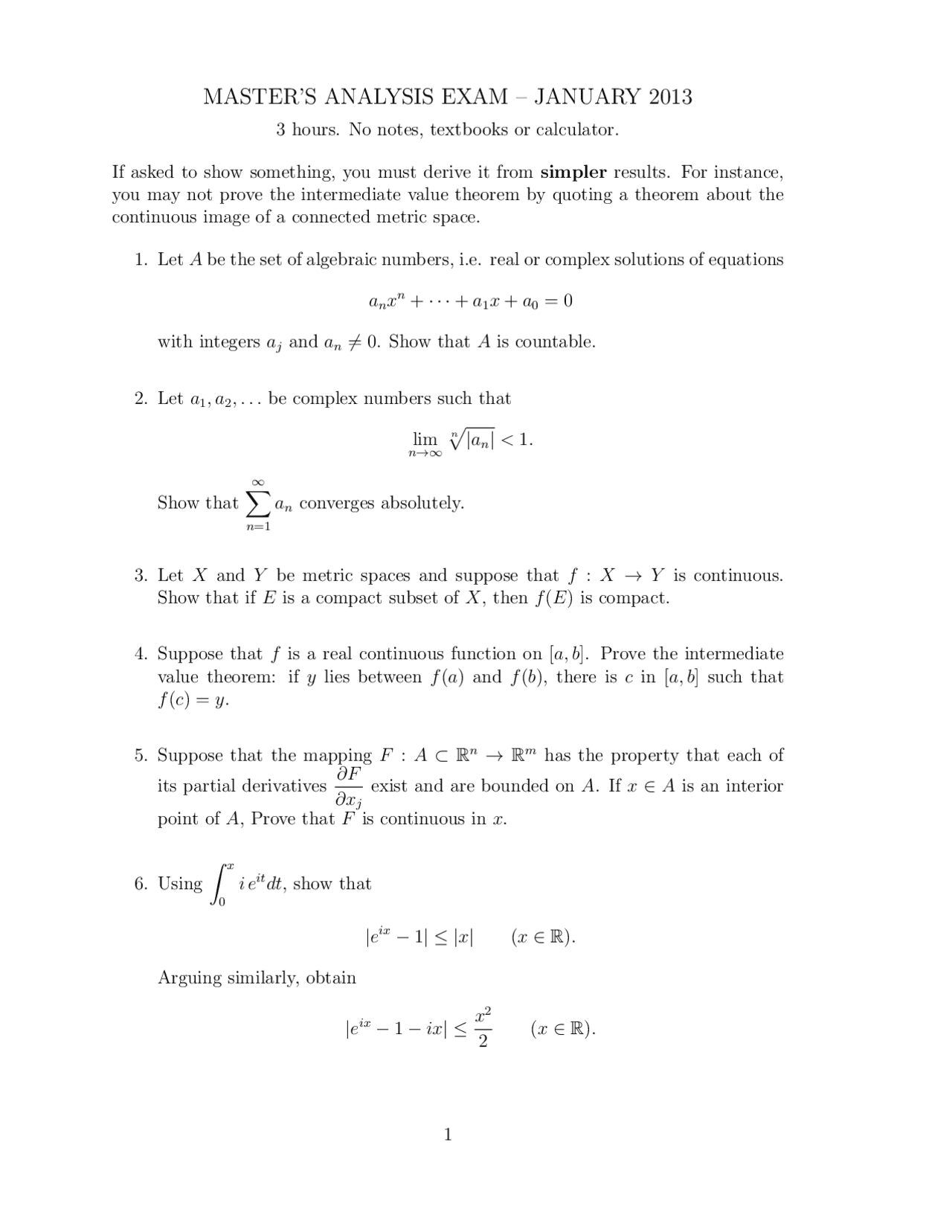 Algebraic Numbers Analysis Exam Docsity