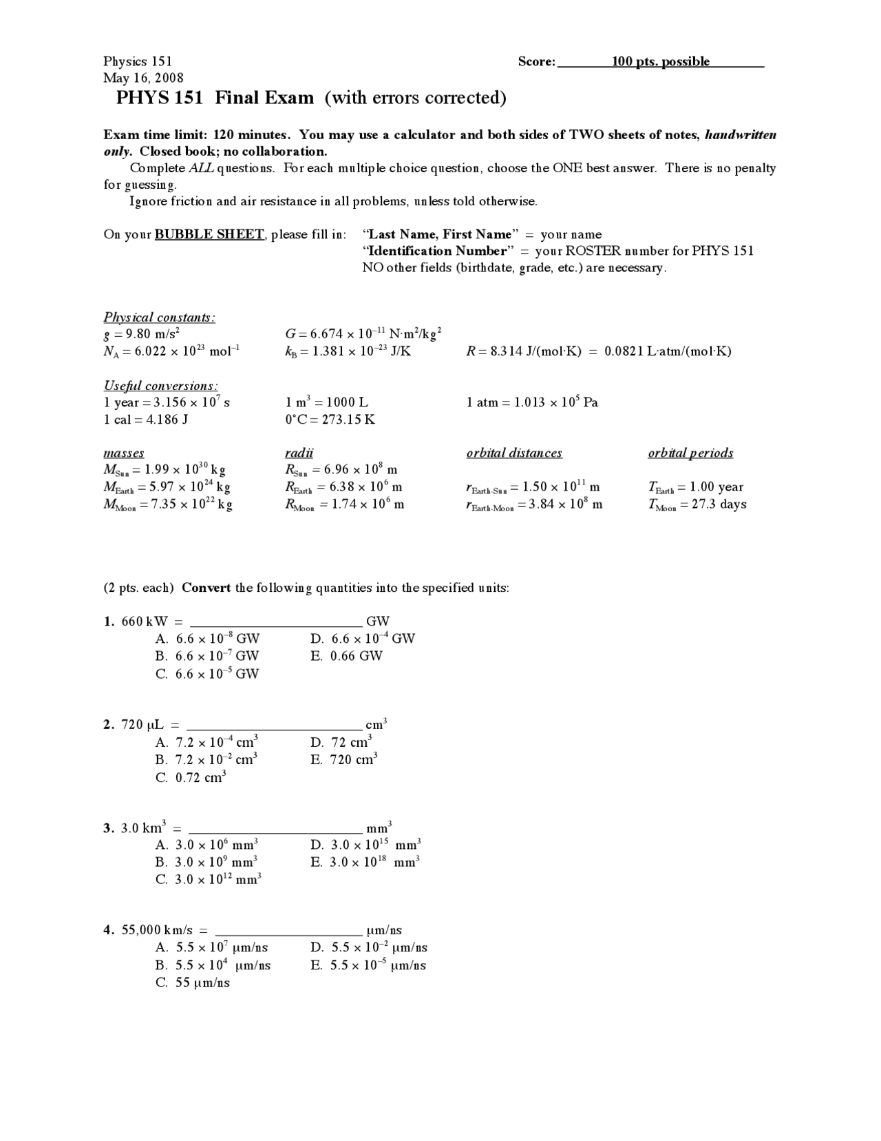Constant Speed - Mechanics - Past Paper - Docsity
