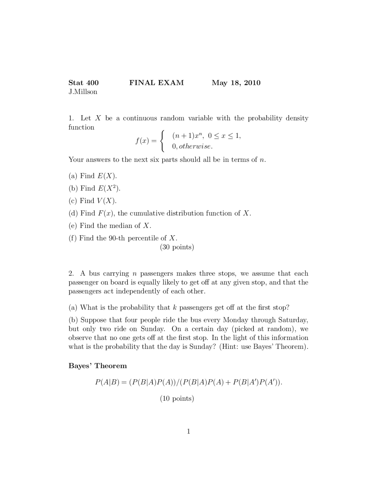 Probability Density - Probability - Exam - Docsity