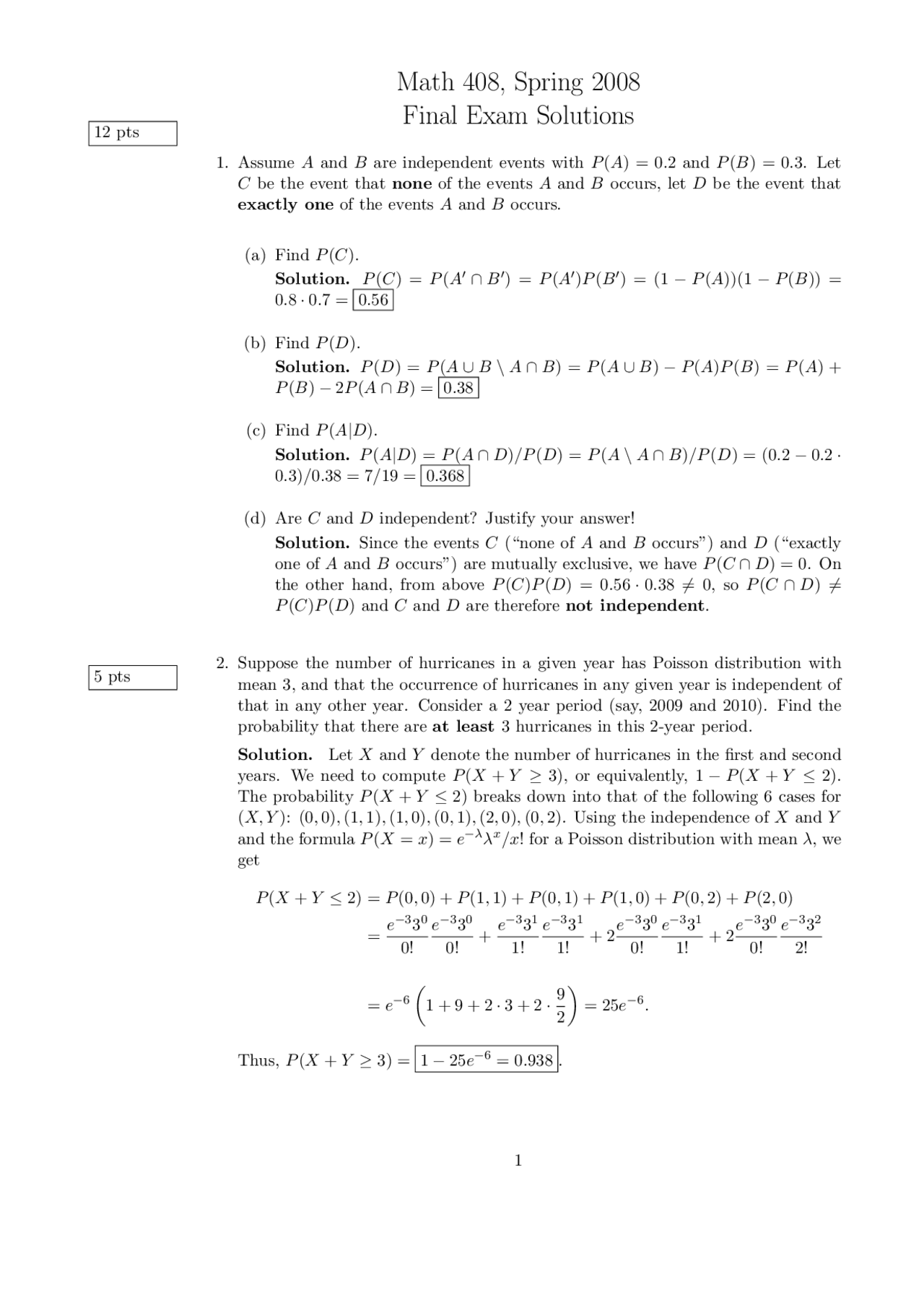 Mutually Independent - Probability - Solved Exam | Exams Probability and Statistics | Docsity