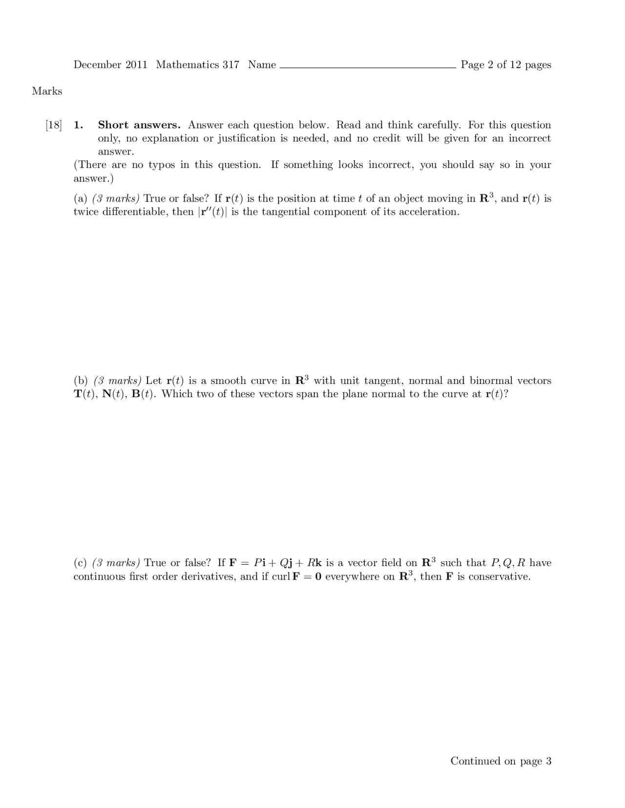 Advanced Calculus IV Exam - December 2011 | Exams Mathematics | Docsity