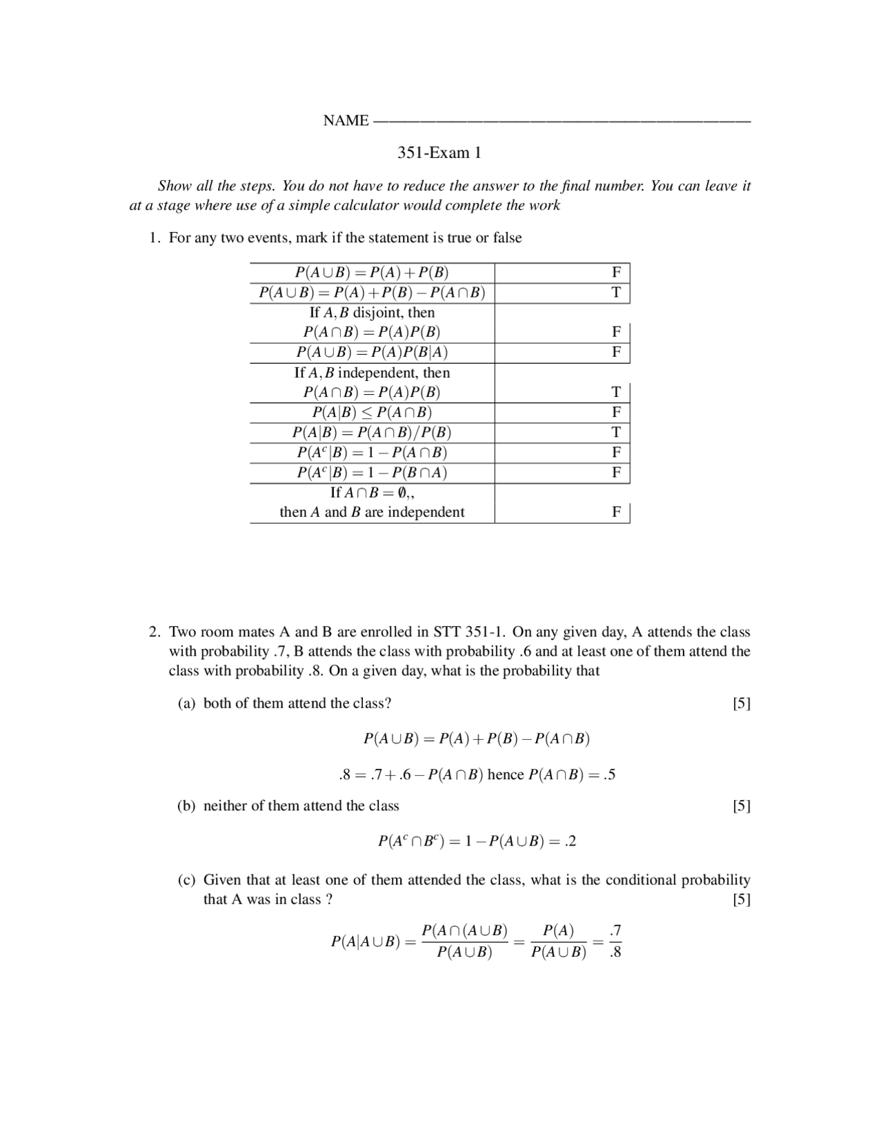 Solutions for Exam 1 - Probability and Statistics Engineering | STT 351 ...