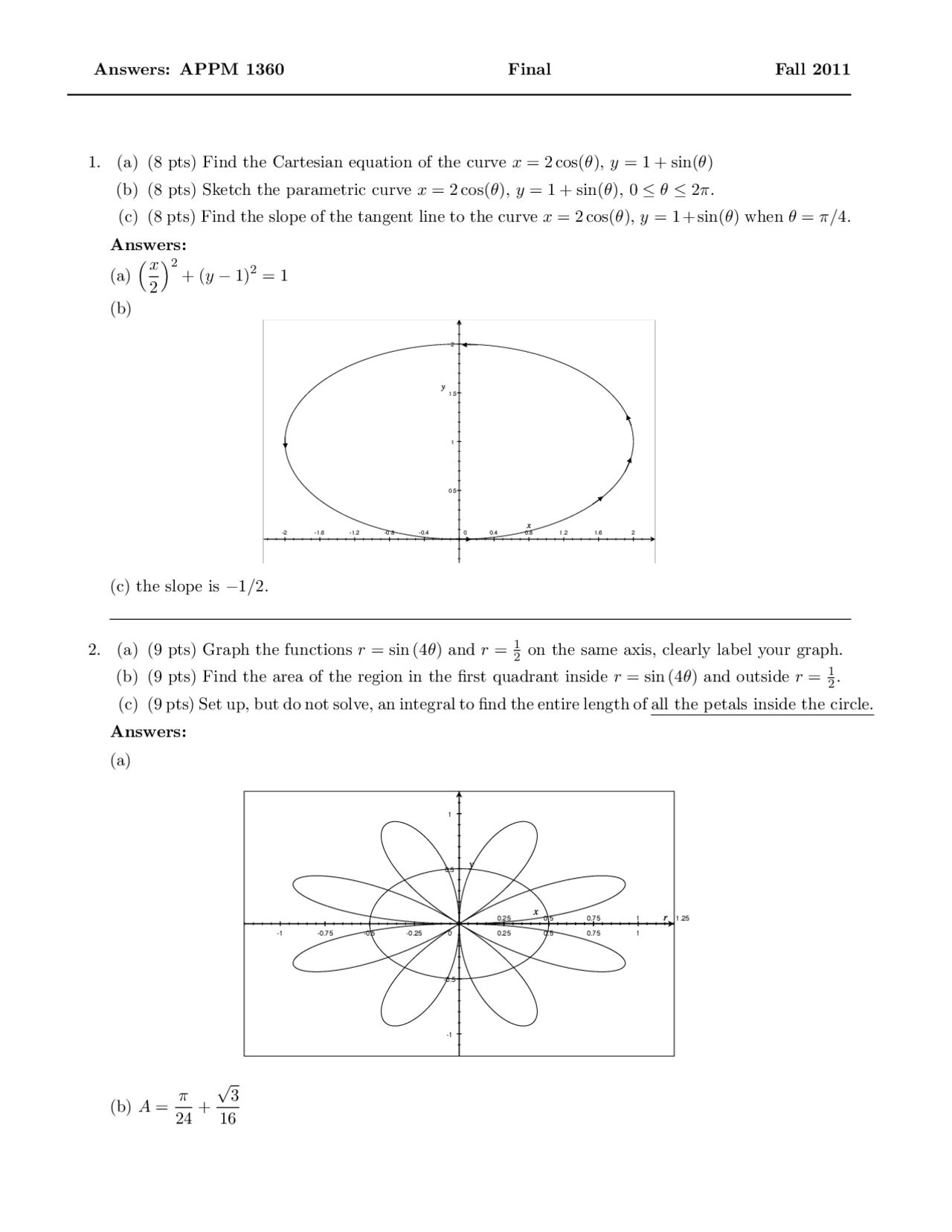 Cartesian Equation - Calculus Two - Solved Exam - Docsity