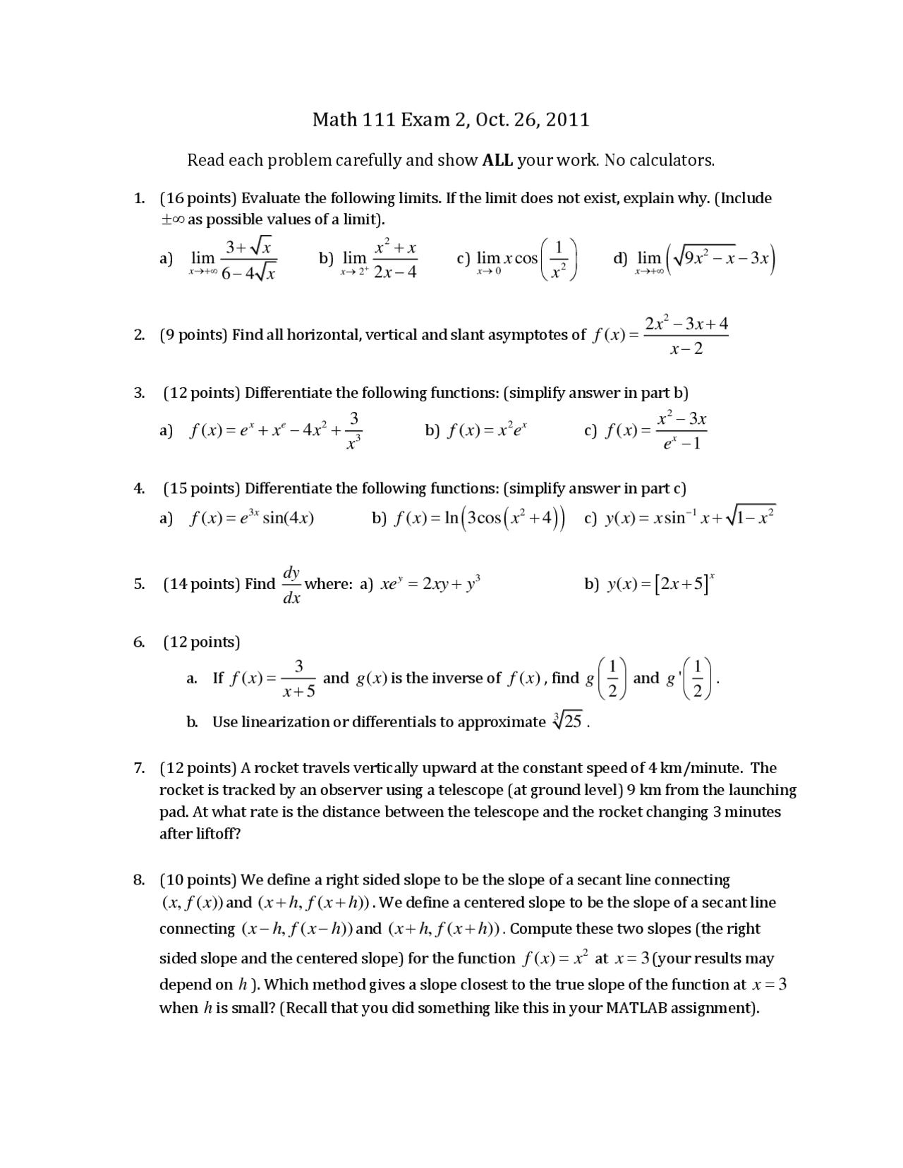 Possible Values Calculus Exam Docsity