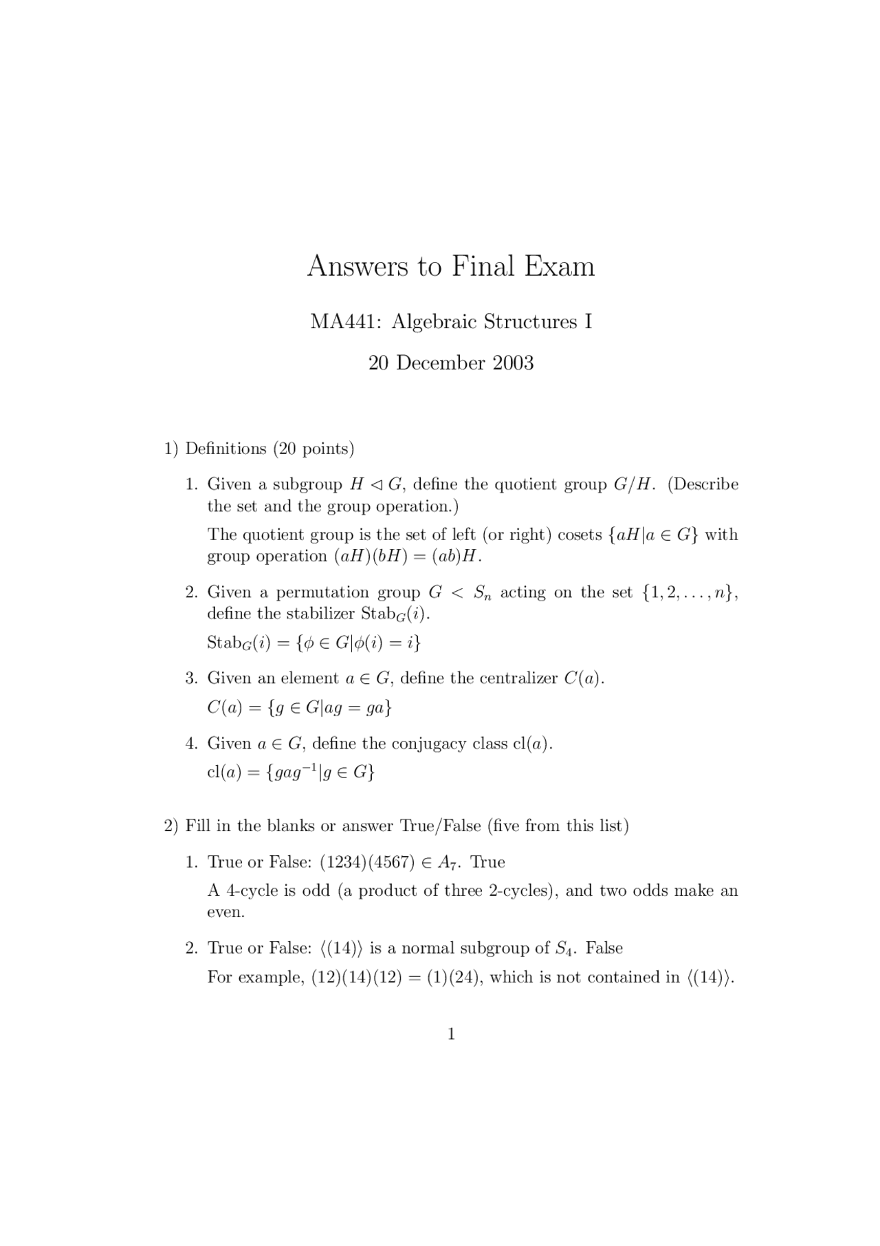Subgroup Abstract Algebra Solved Exam Docsity
