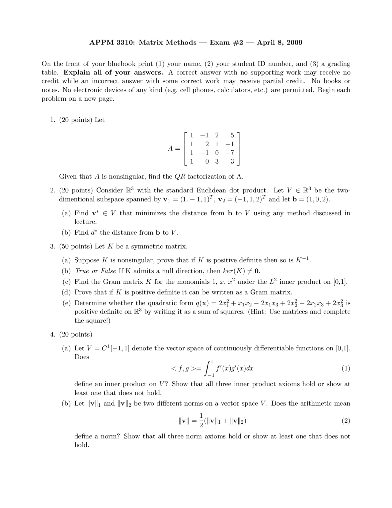 Standard Euclidean Matrix Methods Exam Docsity