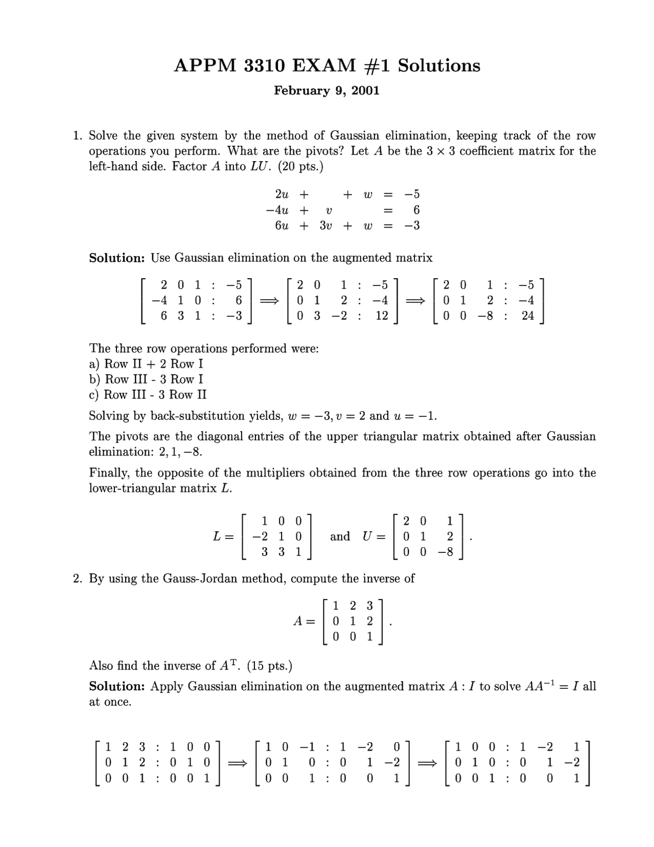 Determinant Matrix Methods Solved Exam Docsity