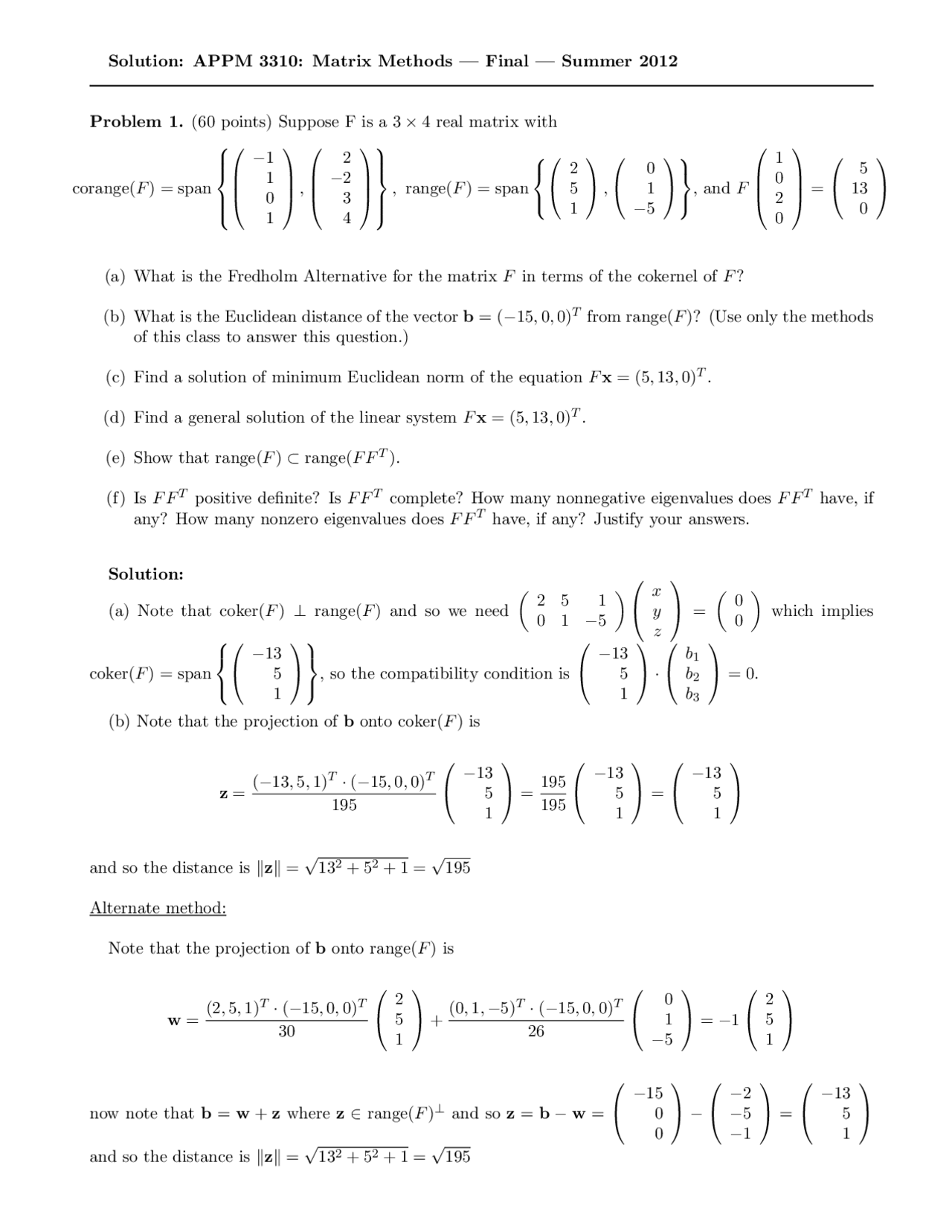 Fredholm Alternative Matrix Methods Solved Exam Docsity
