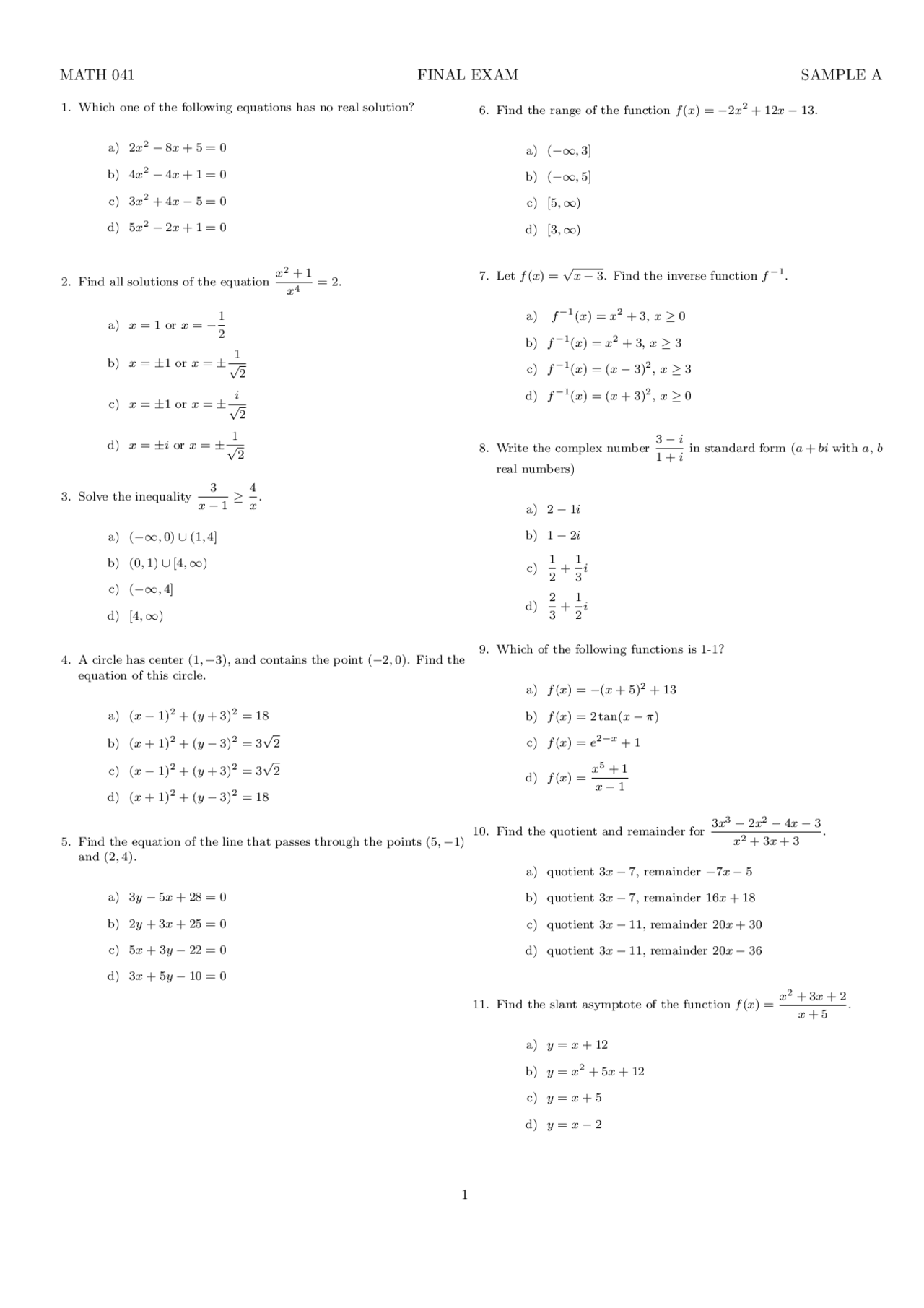 Complex Number - Calculus with Analytic Geometry - Exam | Exams Analytical Geometry and Calculus ...