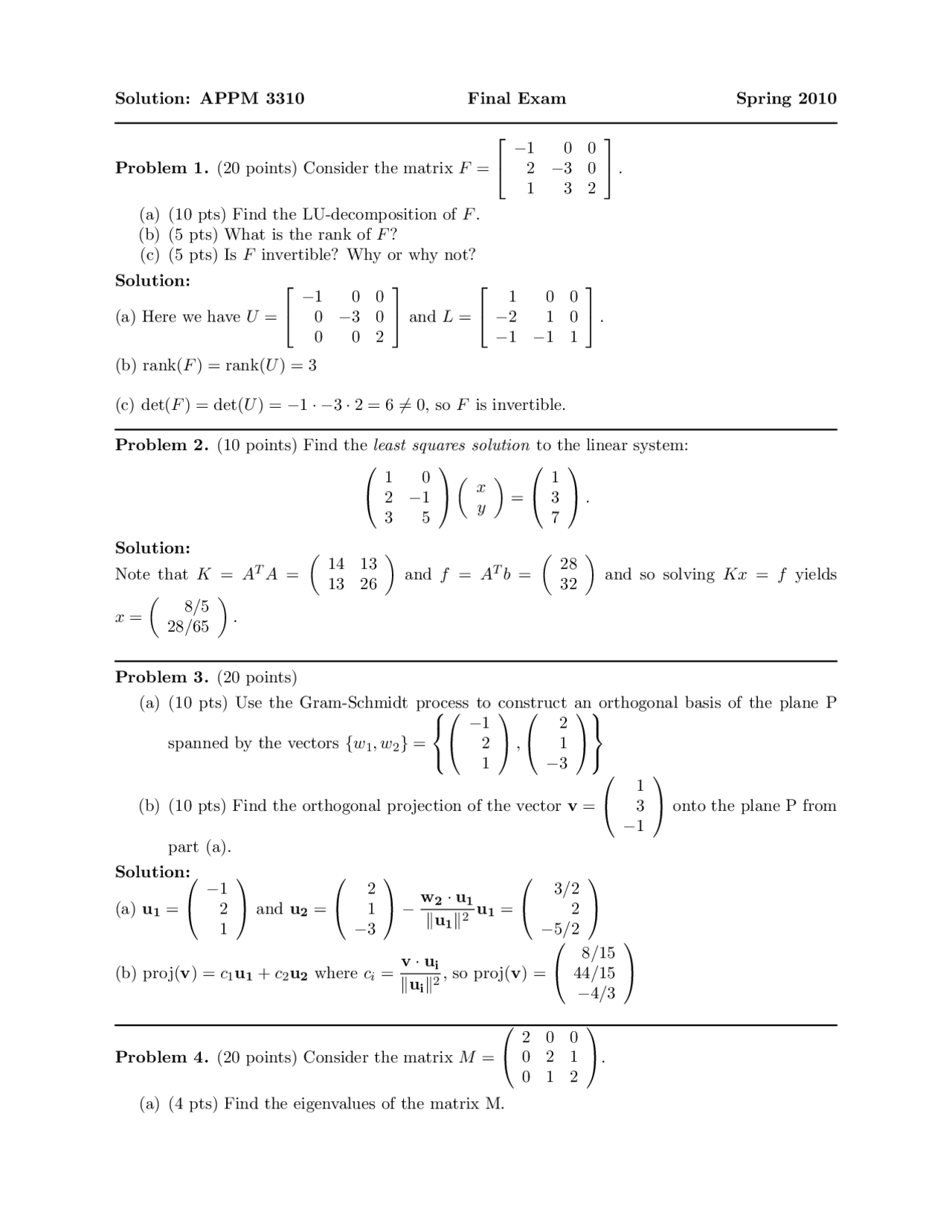 Range And Cokernel Matrix Methods Solved Exam Docsity