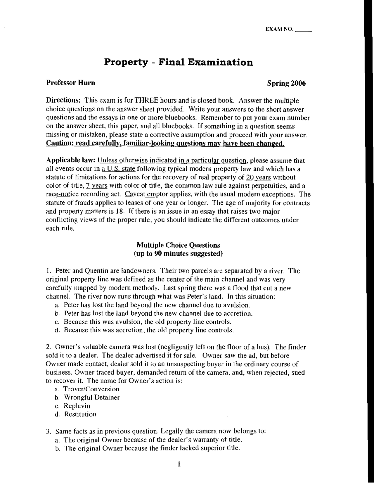 Original Property Line Property Law Exam Docsity