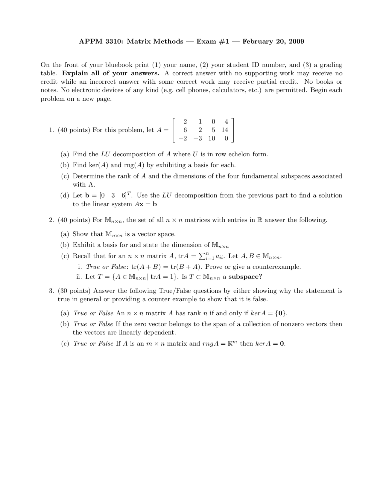 Exhibiting Matrix Methods Exam Docsity