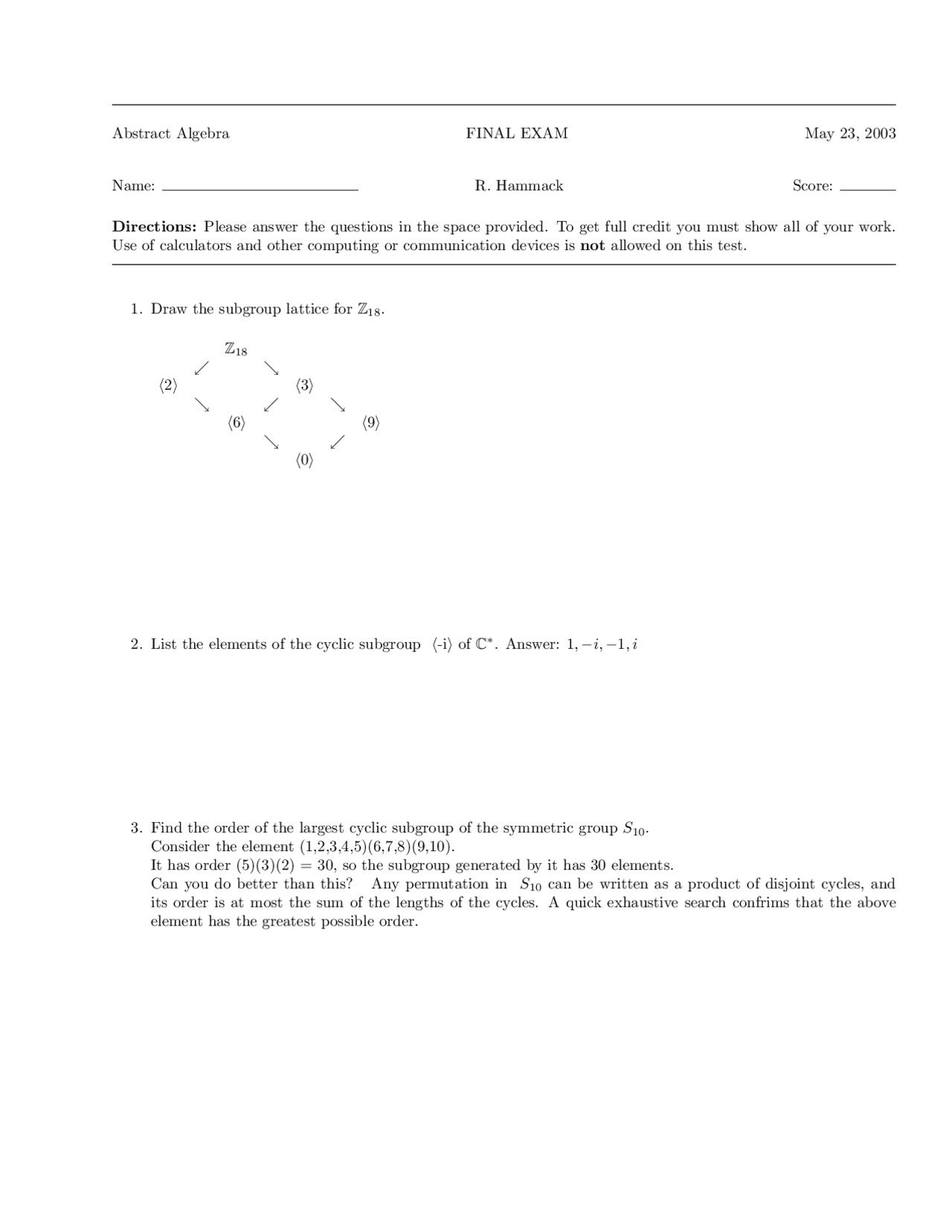 Cyclic Subgroup Abstract Algebra Solved Exam Exams Algebra Docsity