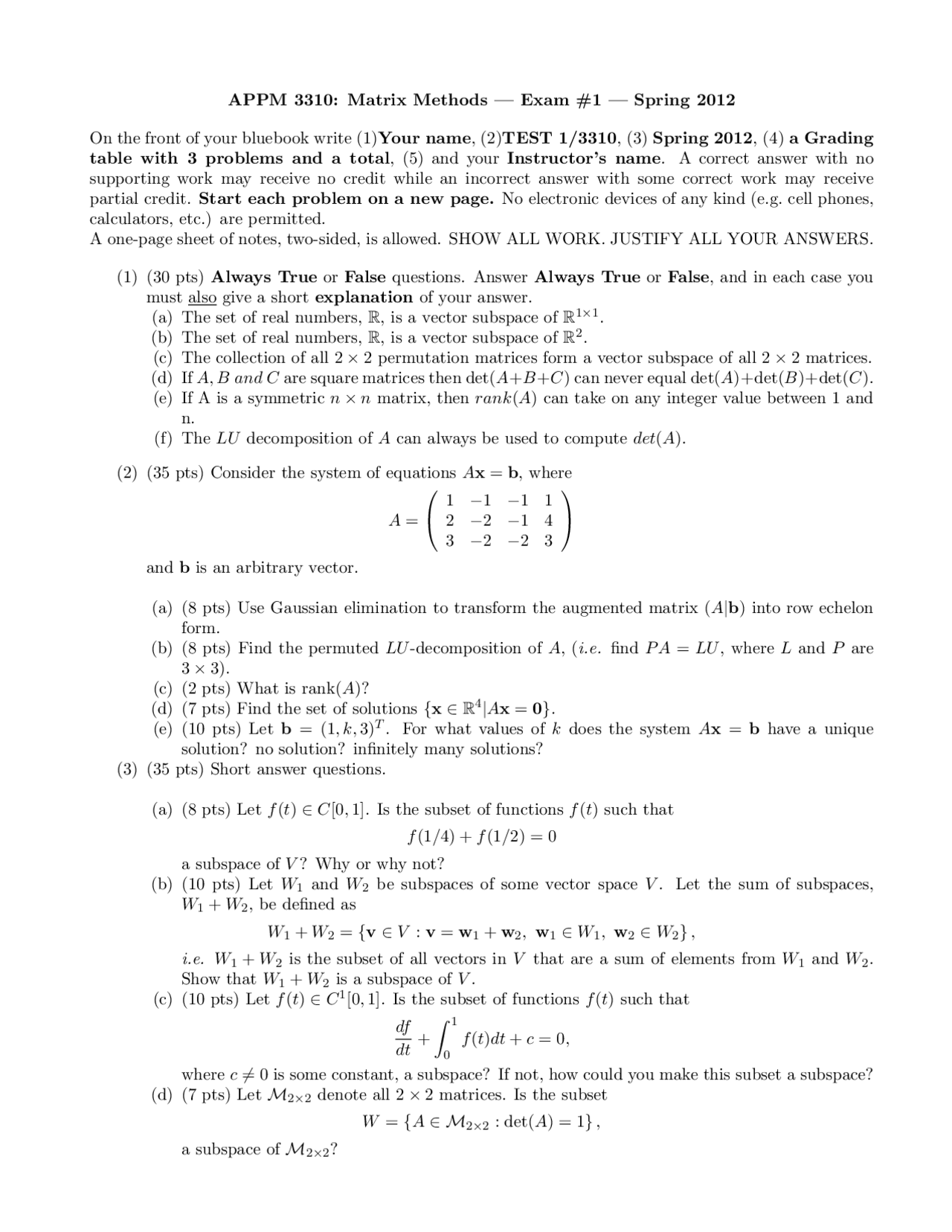 Vector Subspace Matrix Methods Exam Docsity