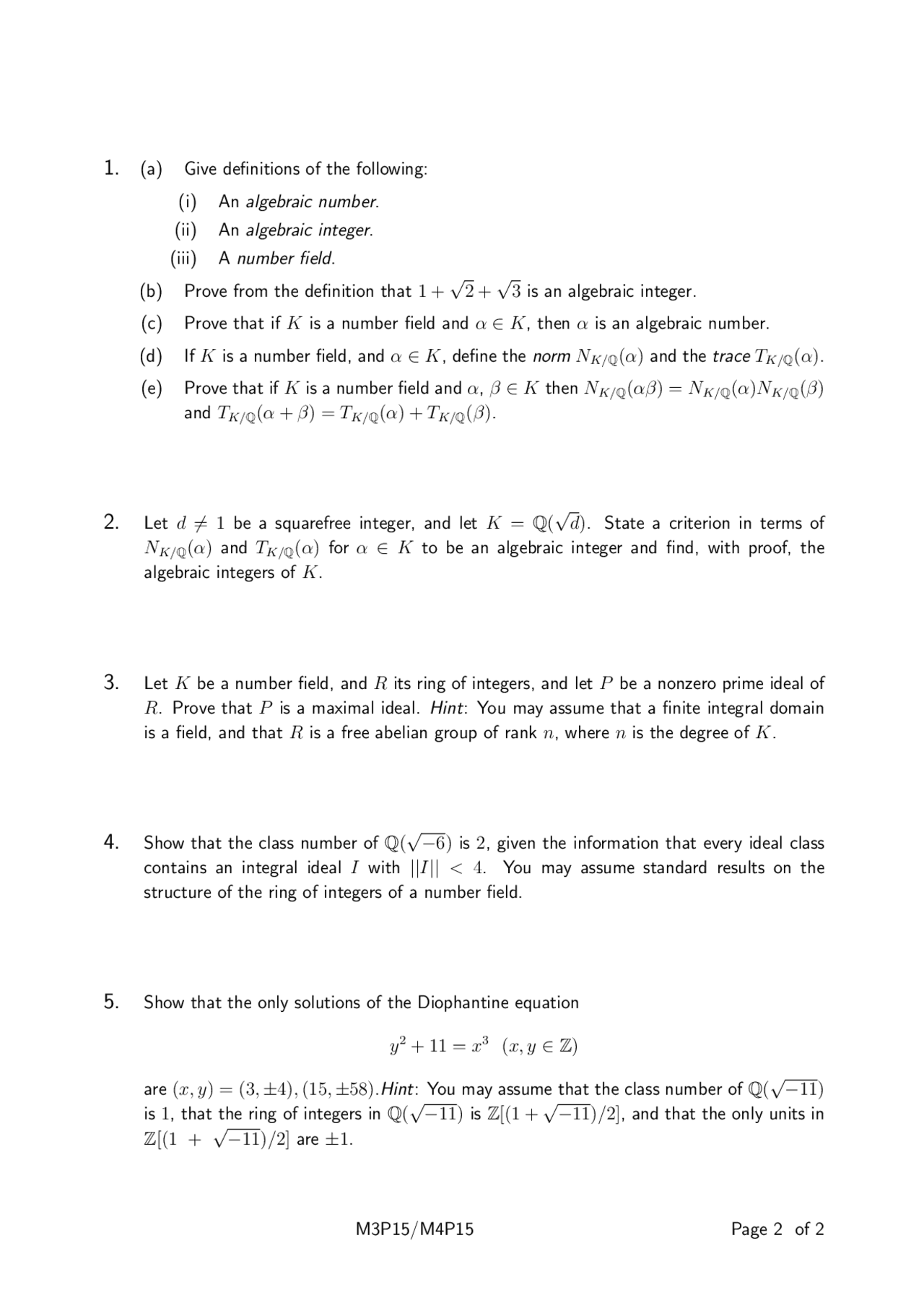Algebraic Number Mathematics Exam Exams Mathematics Docsity