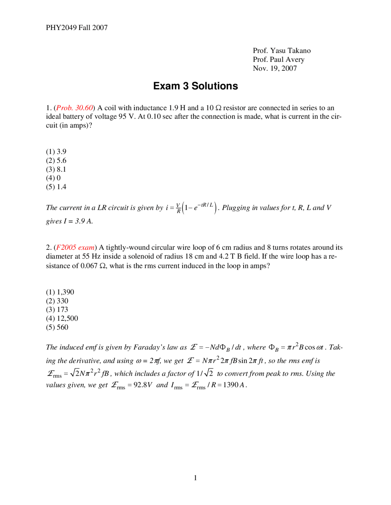 Current in Circuit - Physics with Calculus - Solved Exam - Docsity
