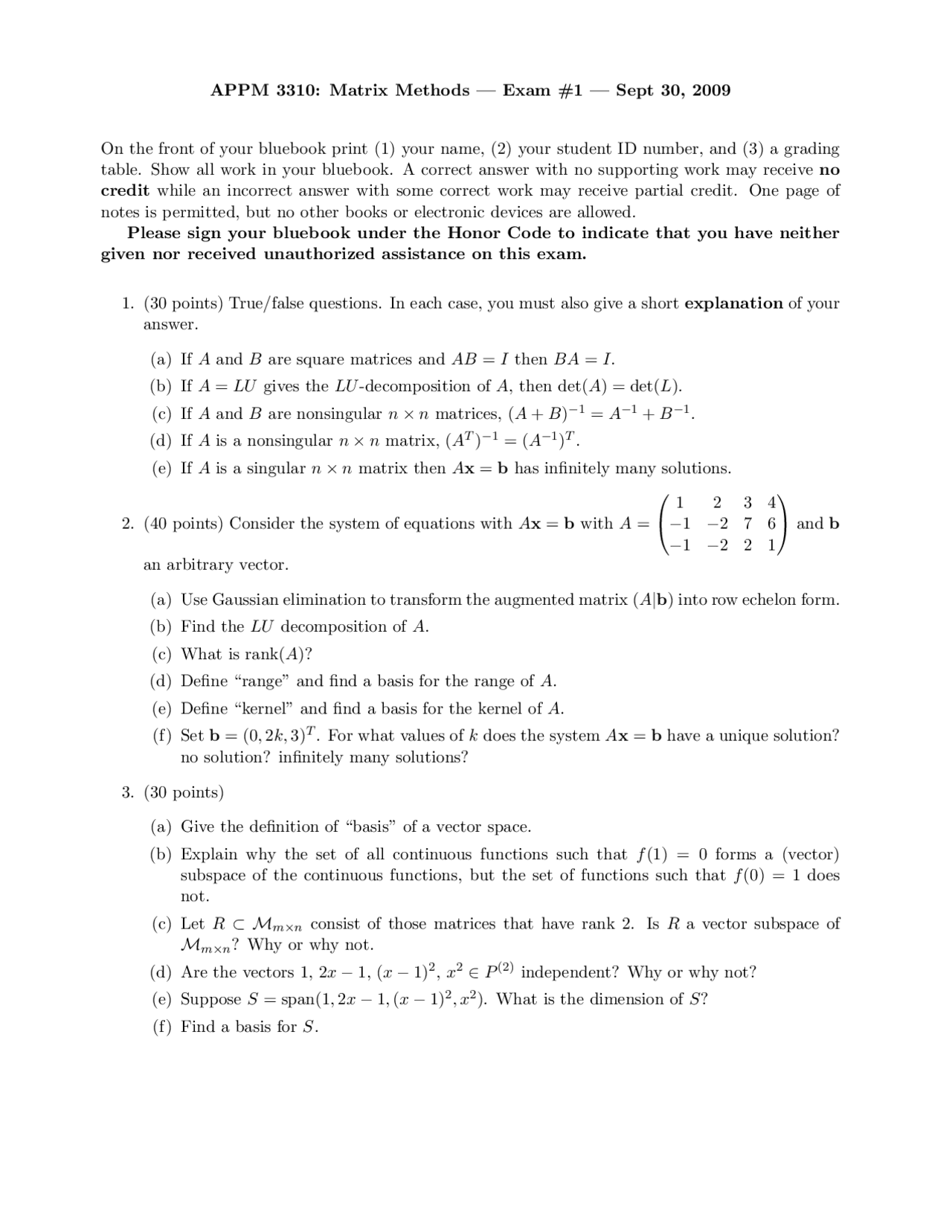 Square Matrices - Matrix Methods - Exam - Docsity
