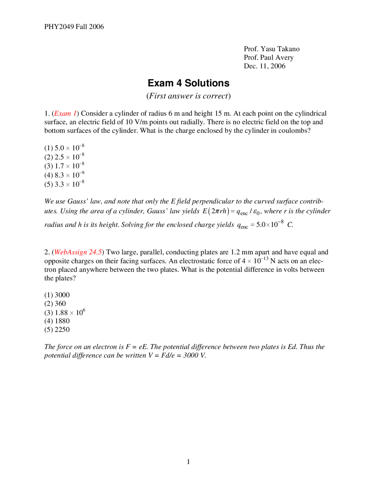 Electrostatic Force - Physics with Calculus - Solved Exam - Docsity