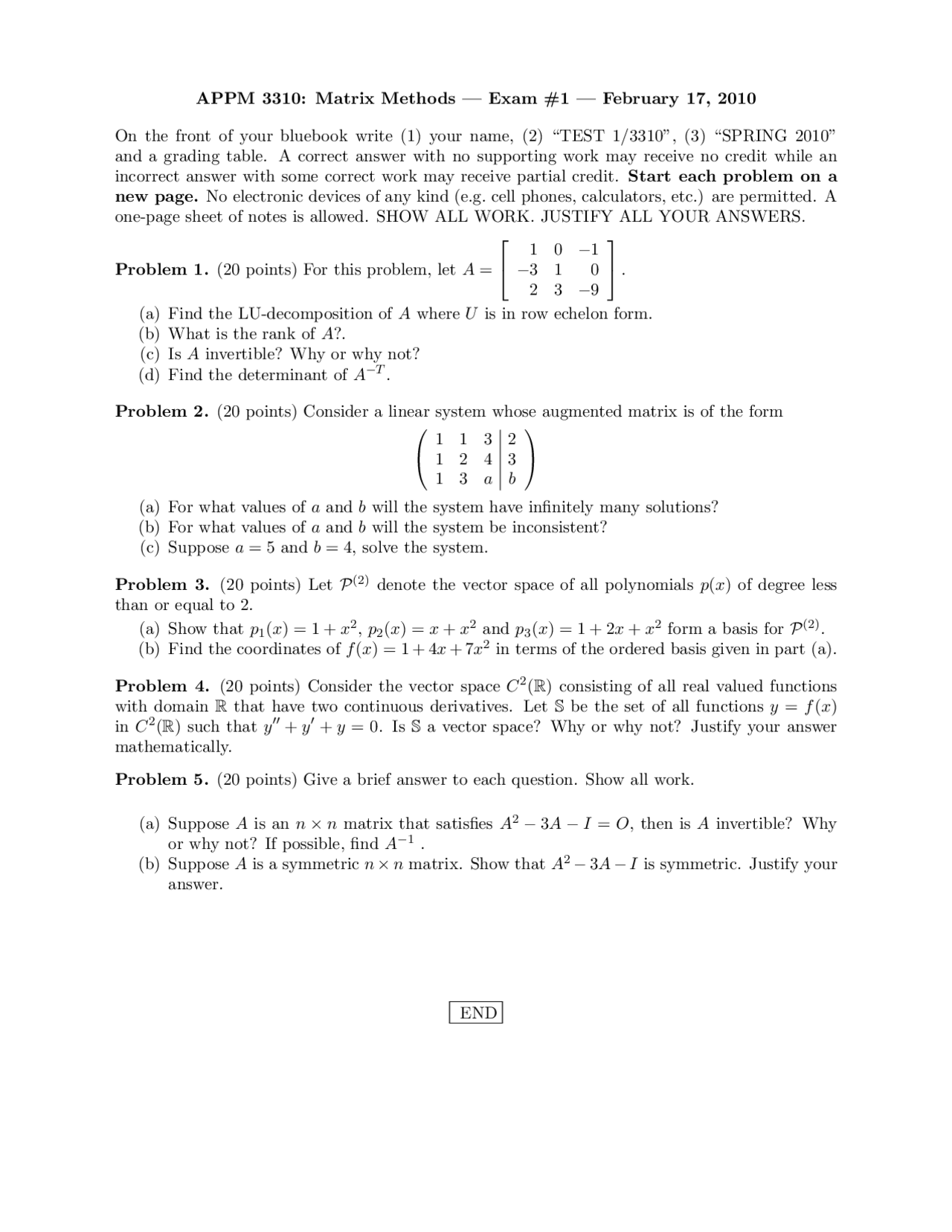 Matrix Methods Exam 1, Spring 2010 | Exams Mathematics | Docsity