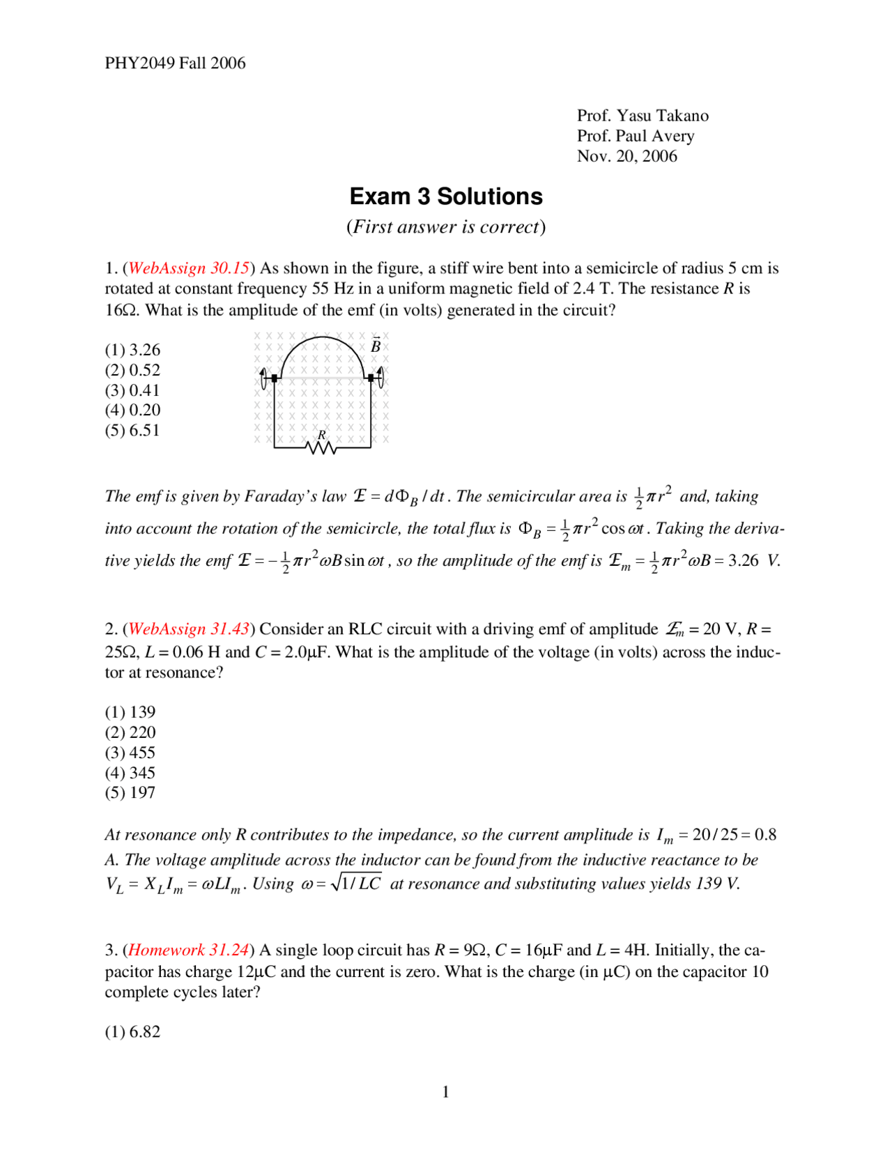 Amplitude of Emf - Physics with Calculus - Solved Exam - Docsity