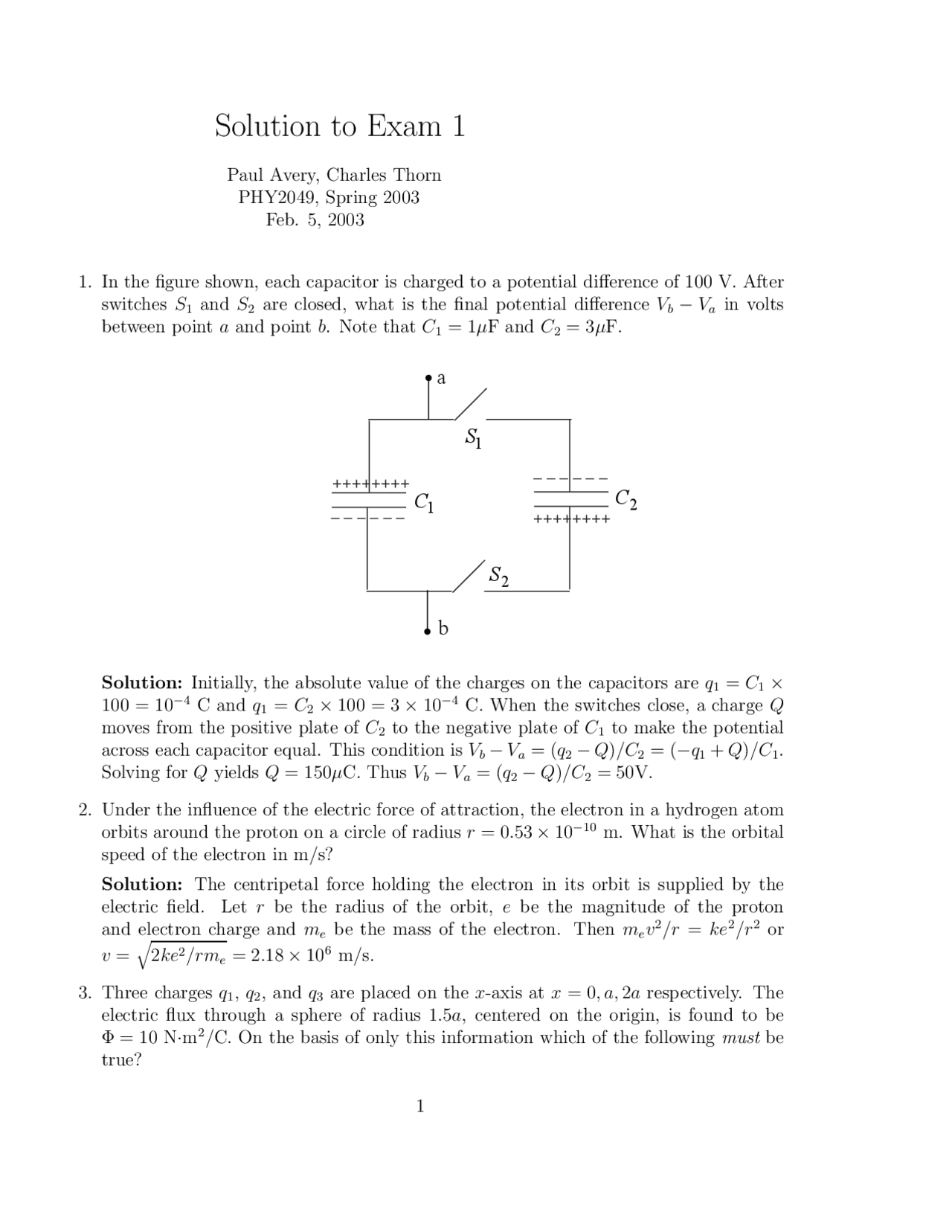Absolute Value of Charges - Physics with Calculus - Solved Exam | Exams Calculus | Docsity